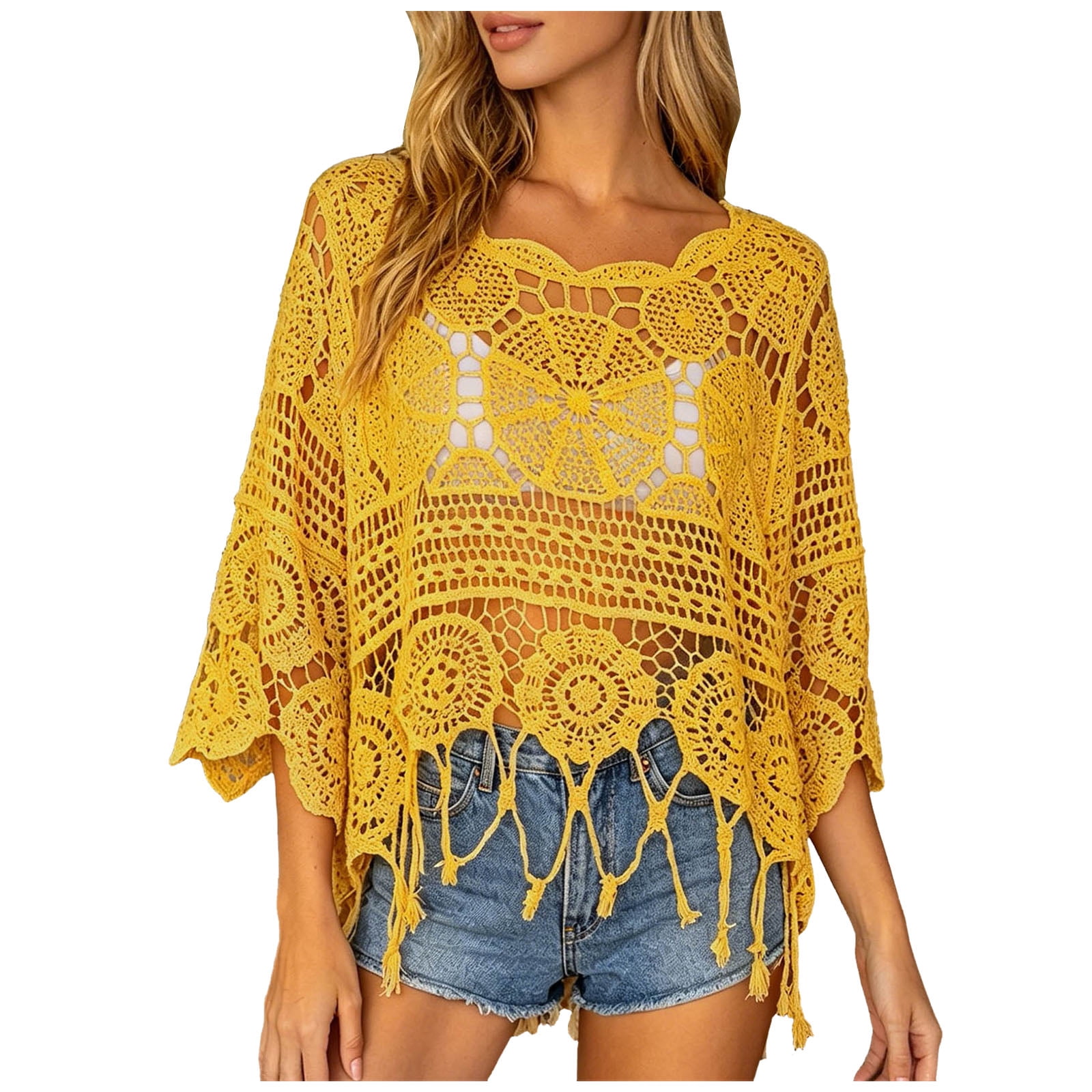 vigerkar Womens Crochet Tops Summer Boho 3/4 Sleeve Crewneck ...