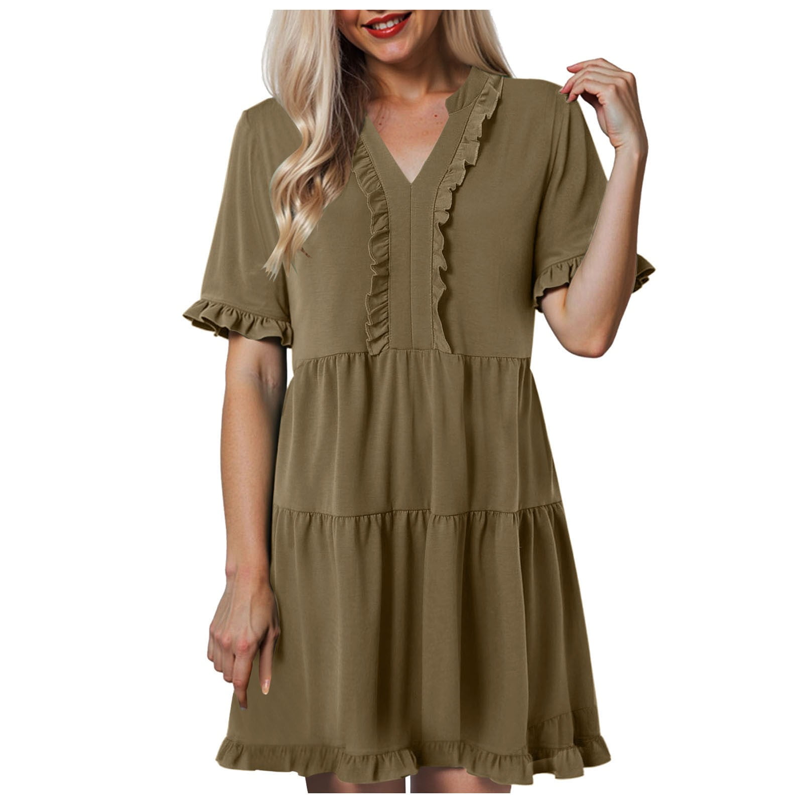 vigerkar Womens Dresses 2025 Summer Spring V Neck Short Sleeve Casual A Line Flowy Swing Shift ...