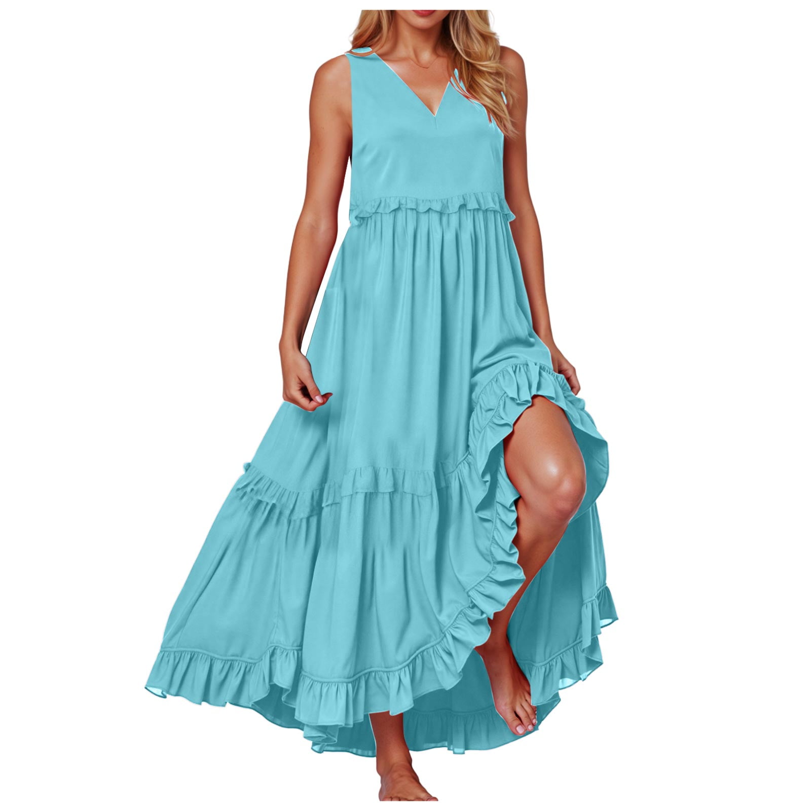 vigerkar Womens Maxi Dress Sleeveless Sexy Tiered Flowy Summer Tank Dresses Loose Smocked Ruffle ...