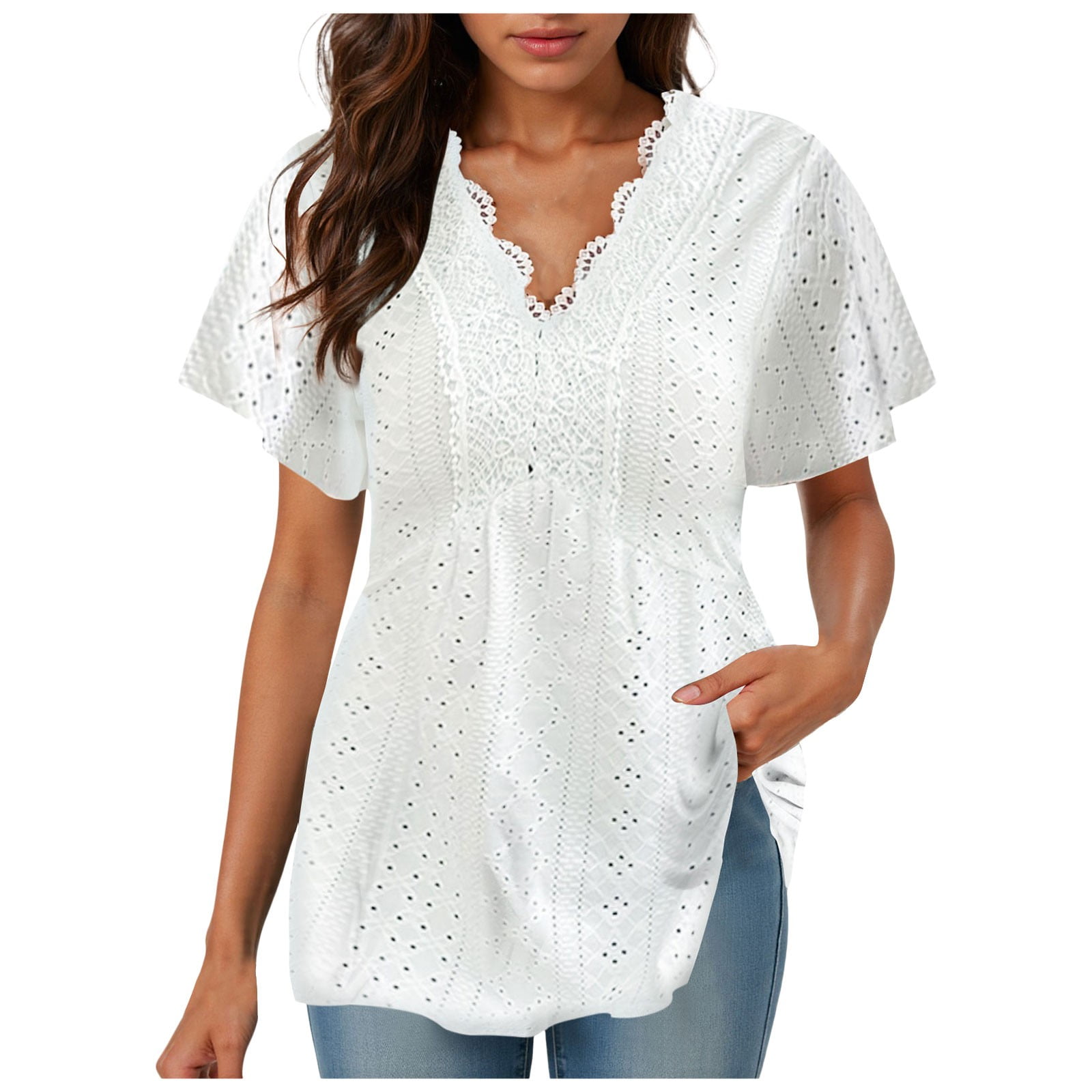 vigerkar Womens Plus Size Tops Lace Crochet V Neck Short Sleeve Eyelet Blouse Loose Casual ...