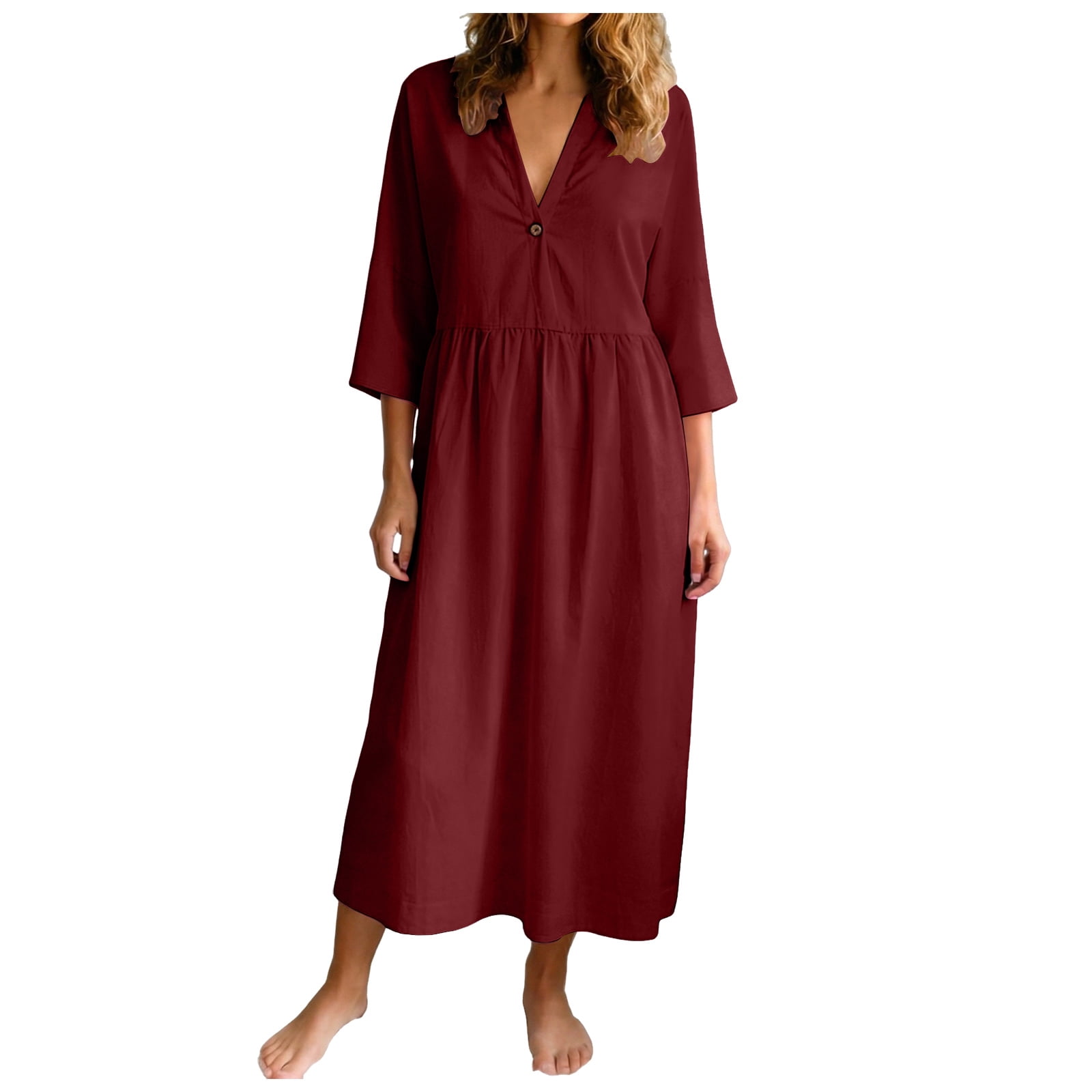 vigerkar Womens Summer Cotton Flowy Maxi Dress Short Sleeve V Neck ...