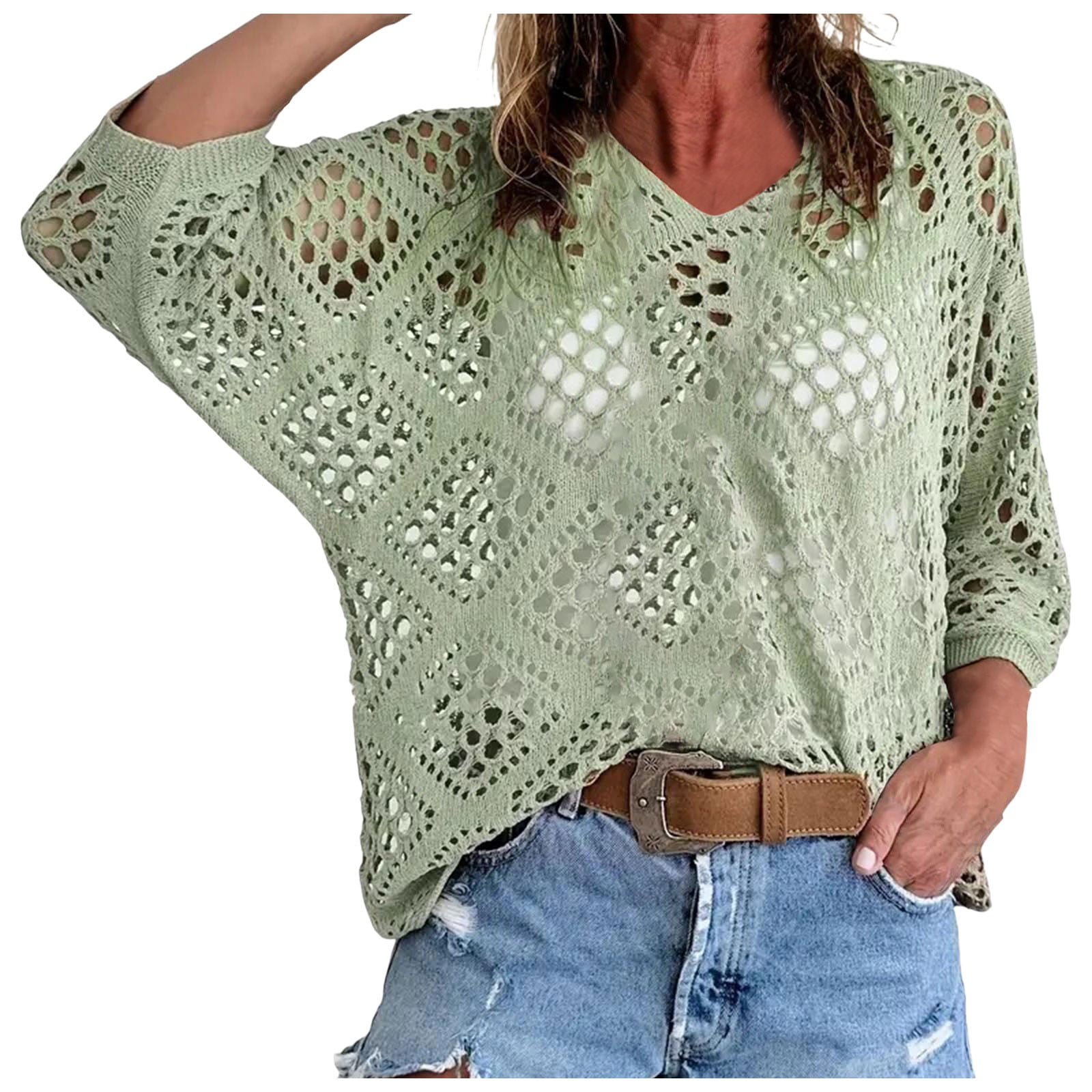vigerkar Womens Summer Crochet Long Sleeve Sexy Tops Sweaters for Women ...