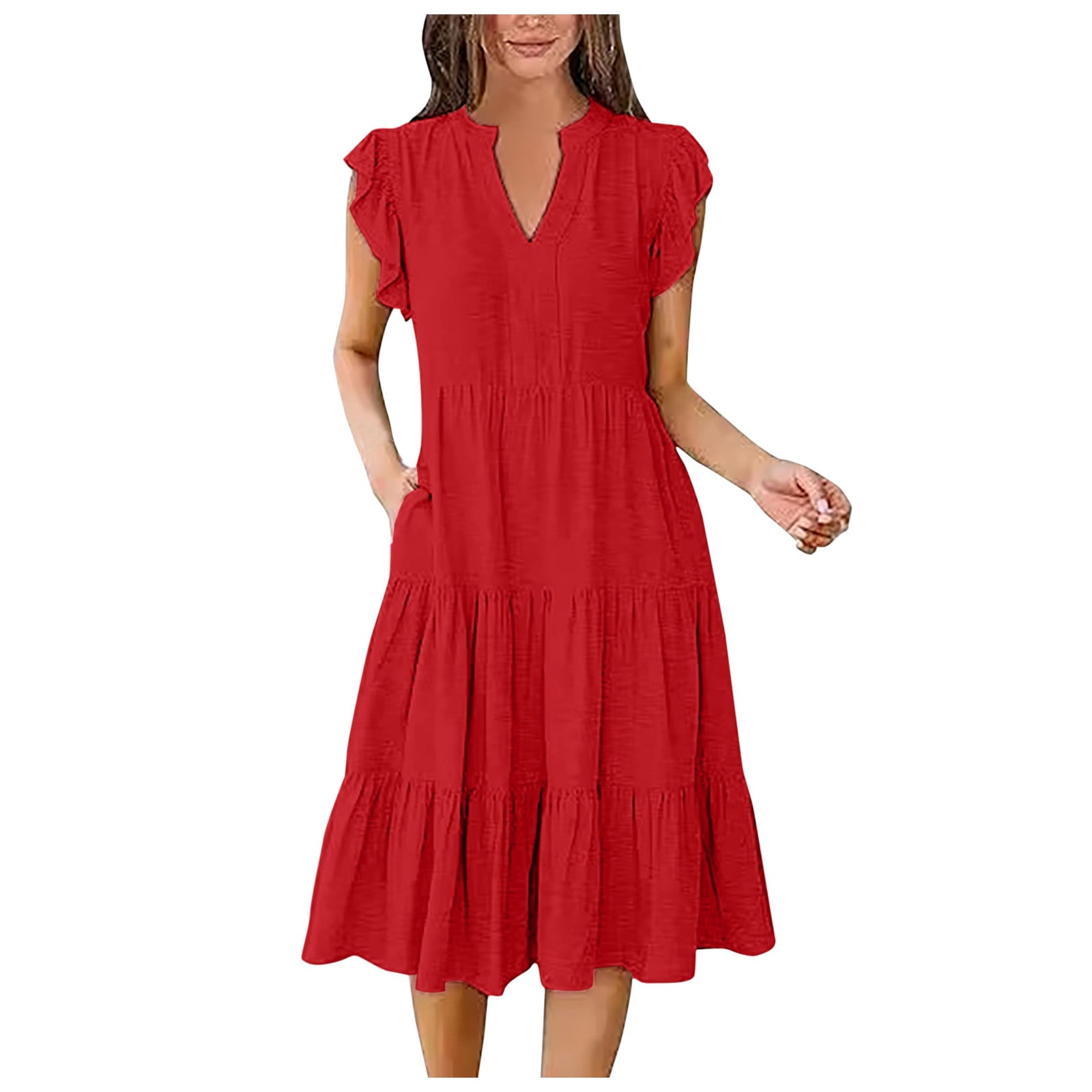 vigerkar Womens Summer Dress Ruffle Sleeve V Neck Midi Dresses Fashion ...
