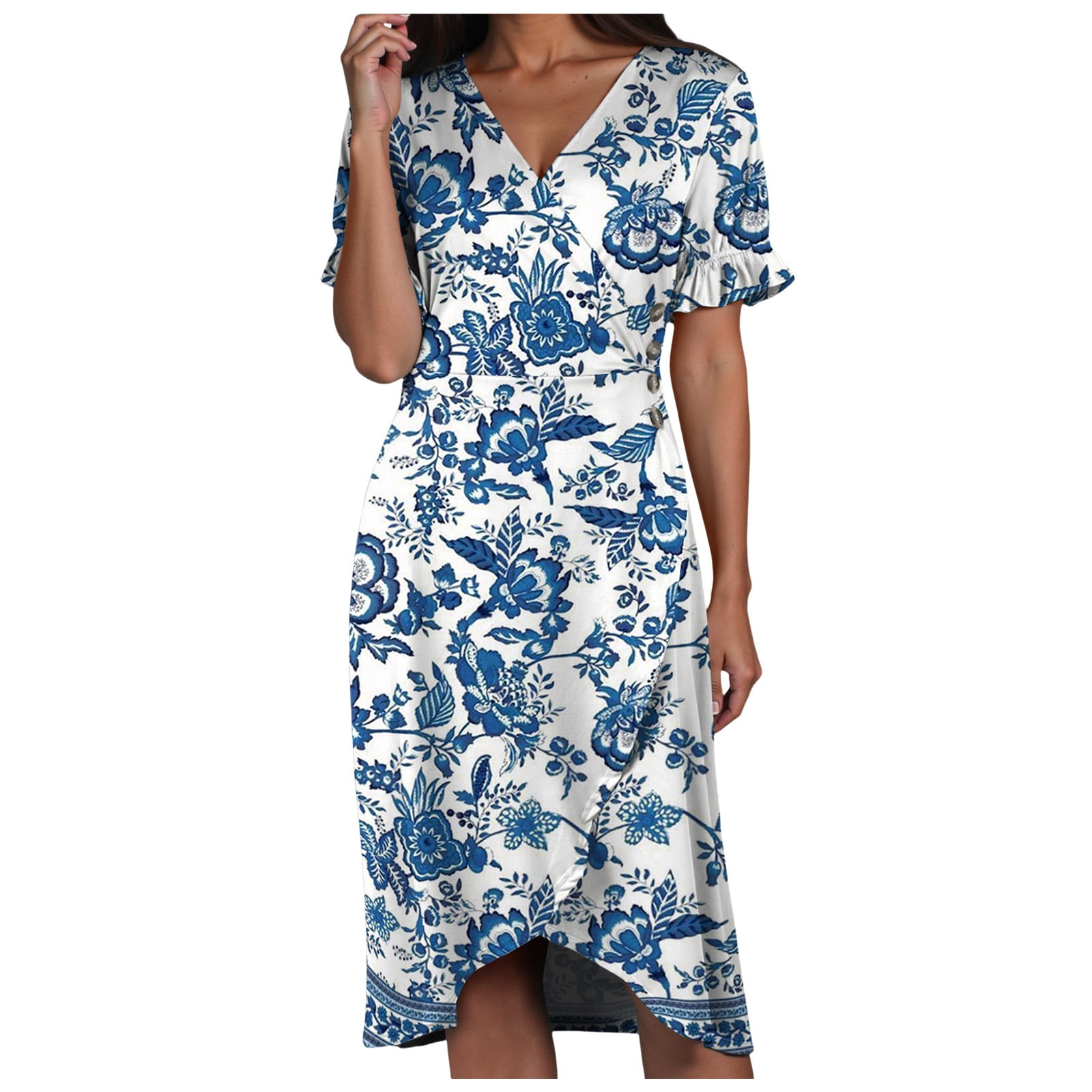 vigerkar Womens Sundress Summer Floral Short Sleeve Wrap V Neck A-Line ...