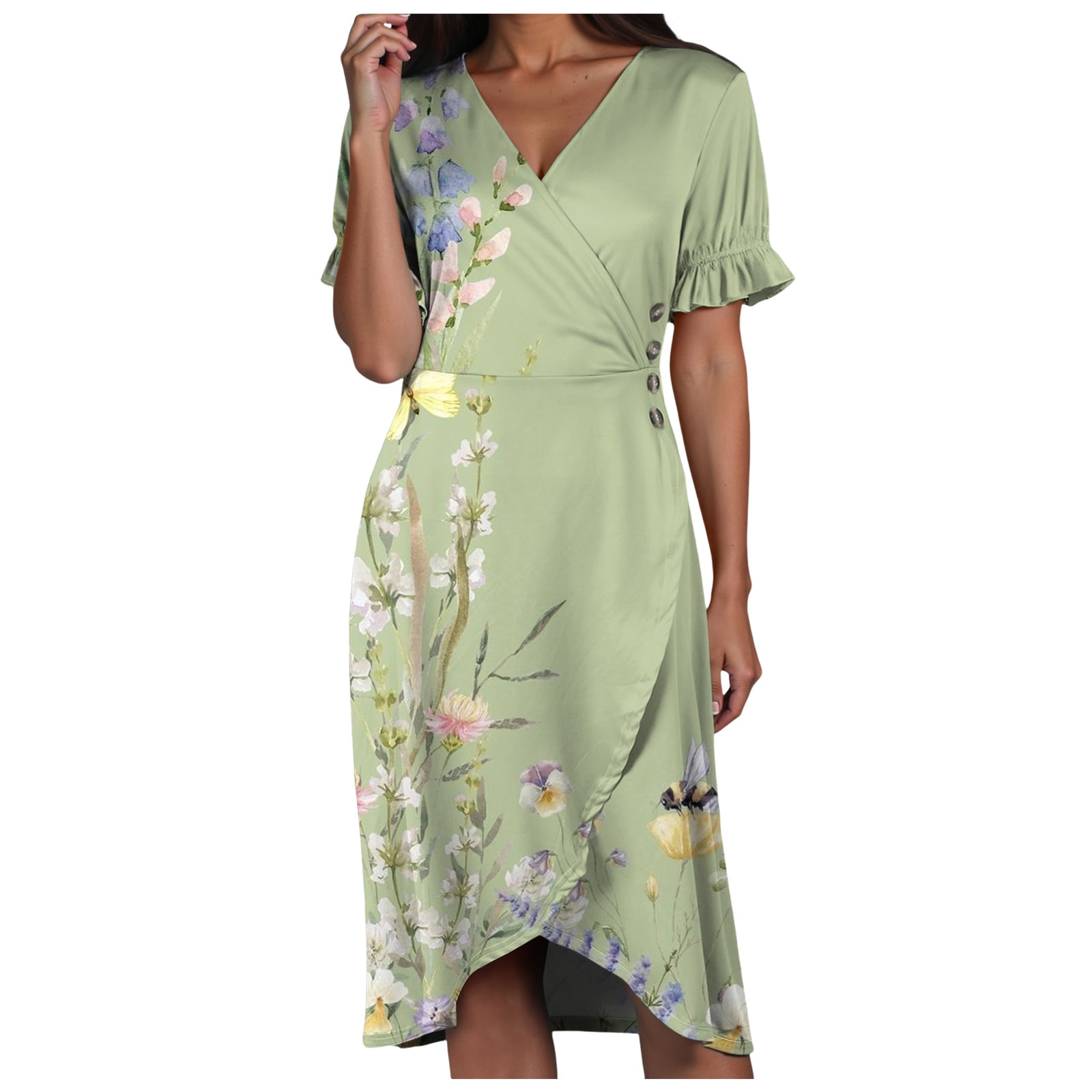 vigerkar Womens Sundress Summer Floral Short Sleeve Wrap V Neck A-Line ...