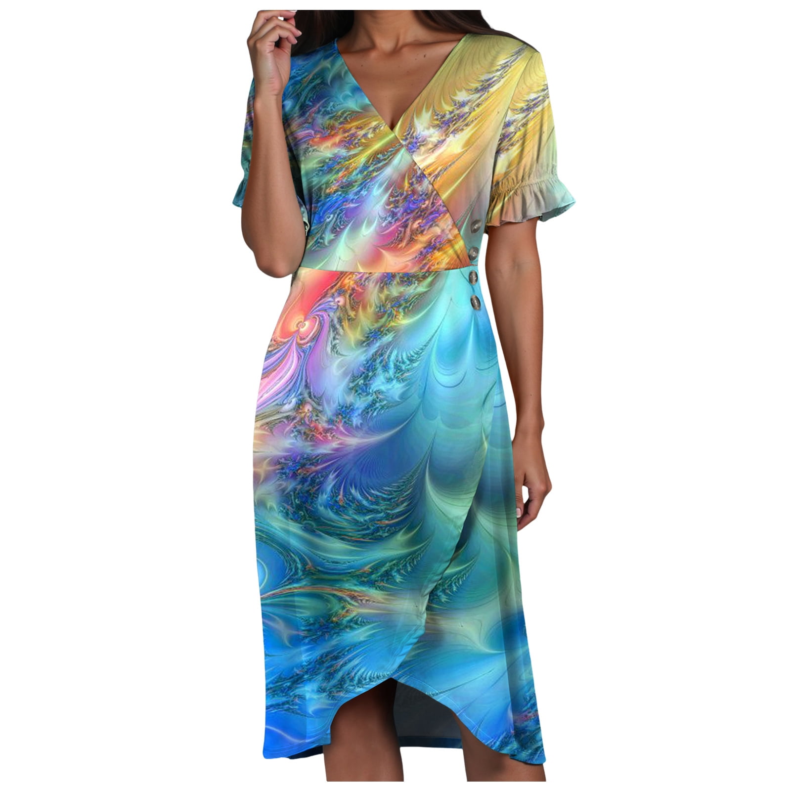 vigerkar Womens Sundress Summer Floral Short Sleeve Wrap V Neck A-Line ...