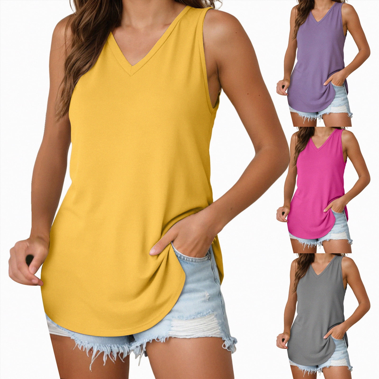 vigerkar Womens Tank Tops V Neck Basic Solid Color Casual Sleeveless ...