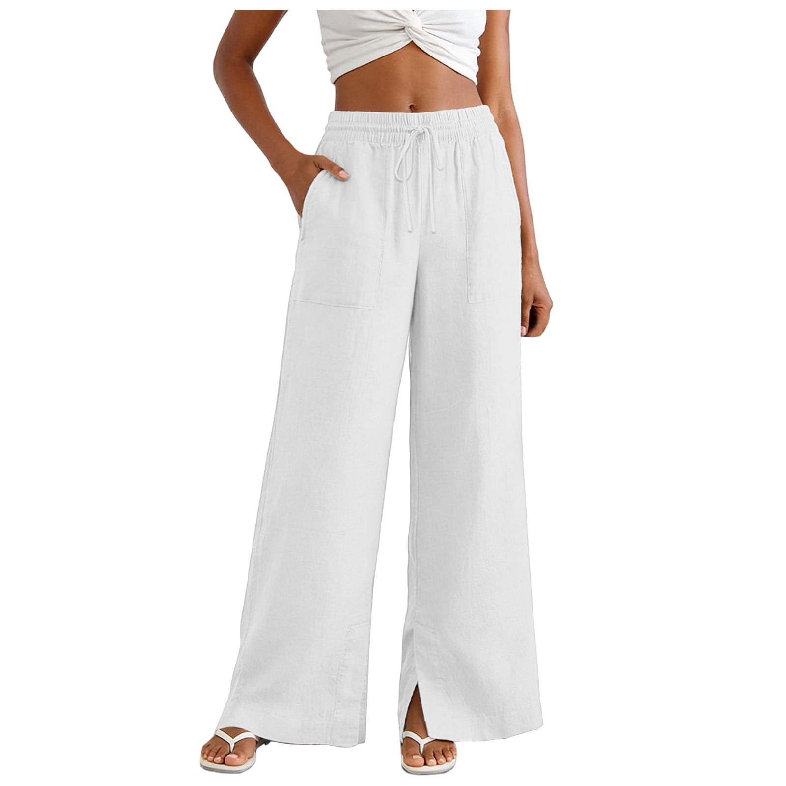 vigerkar Womens Wide Leg Palazzo Linen Pants High Waist Split Ankle ...