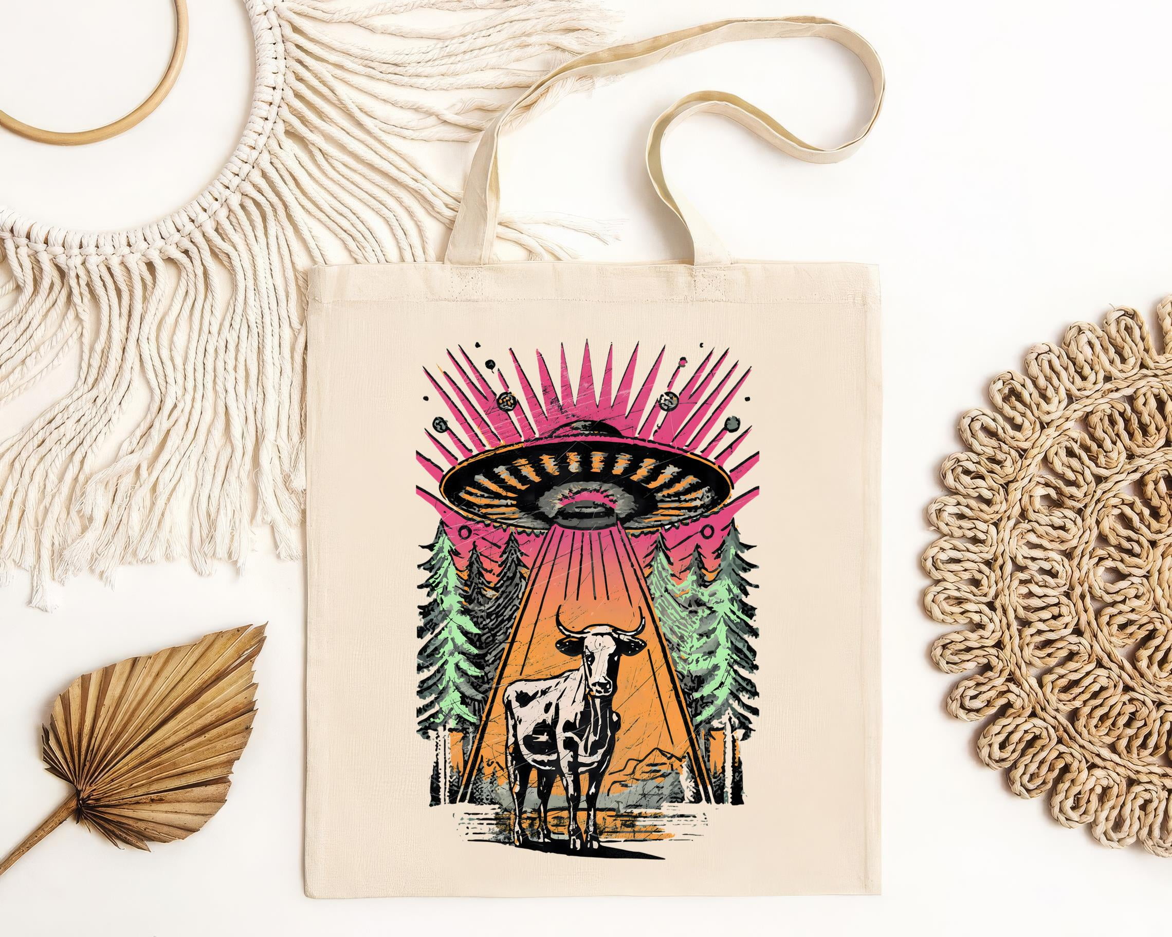 vintage UFO Cow Abduction Bag, Funny Vintage Retro Graphic Alien TBag, T Bag, Paranormal Overd ...