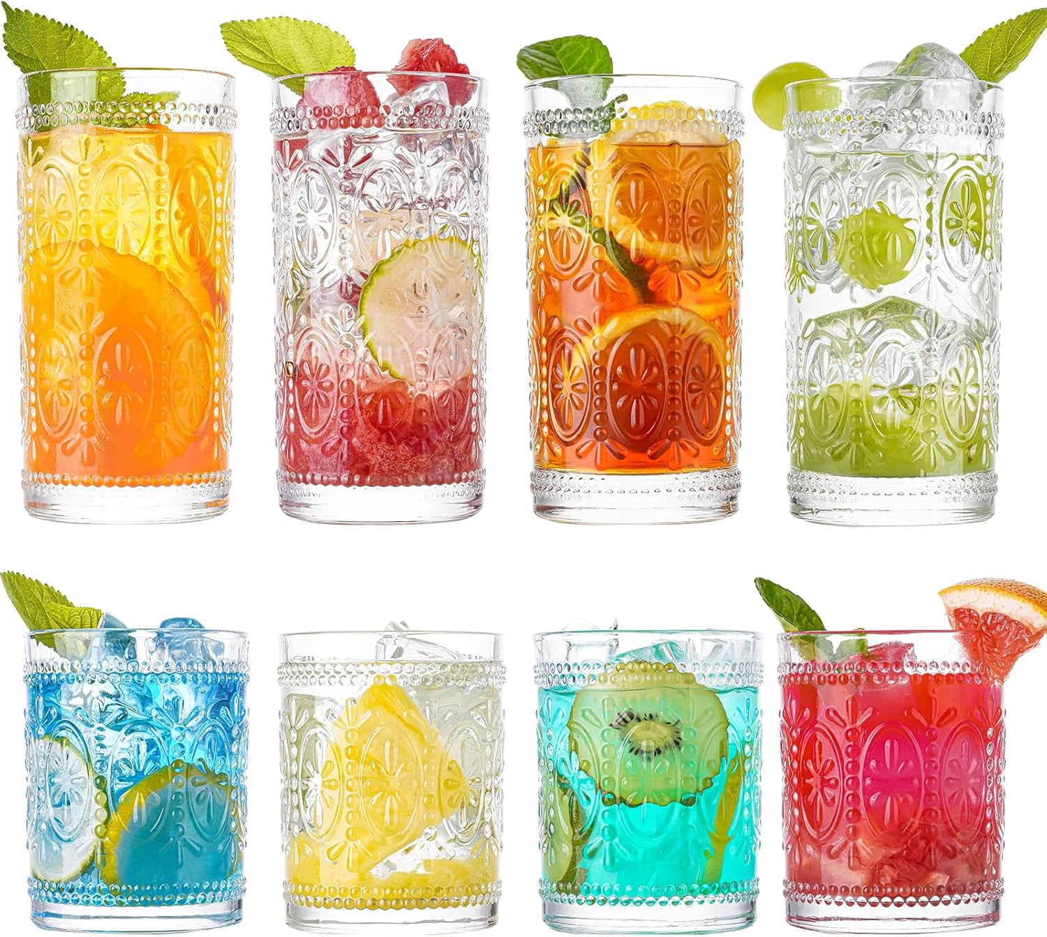 vintage drinking glasses, set of 8 hand-made glass cups-4 highball ...