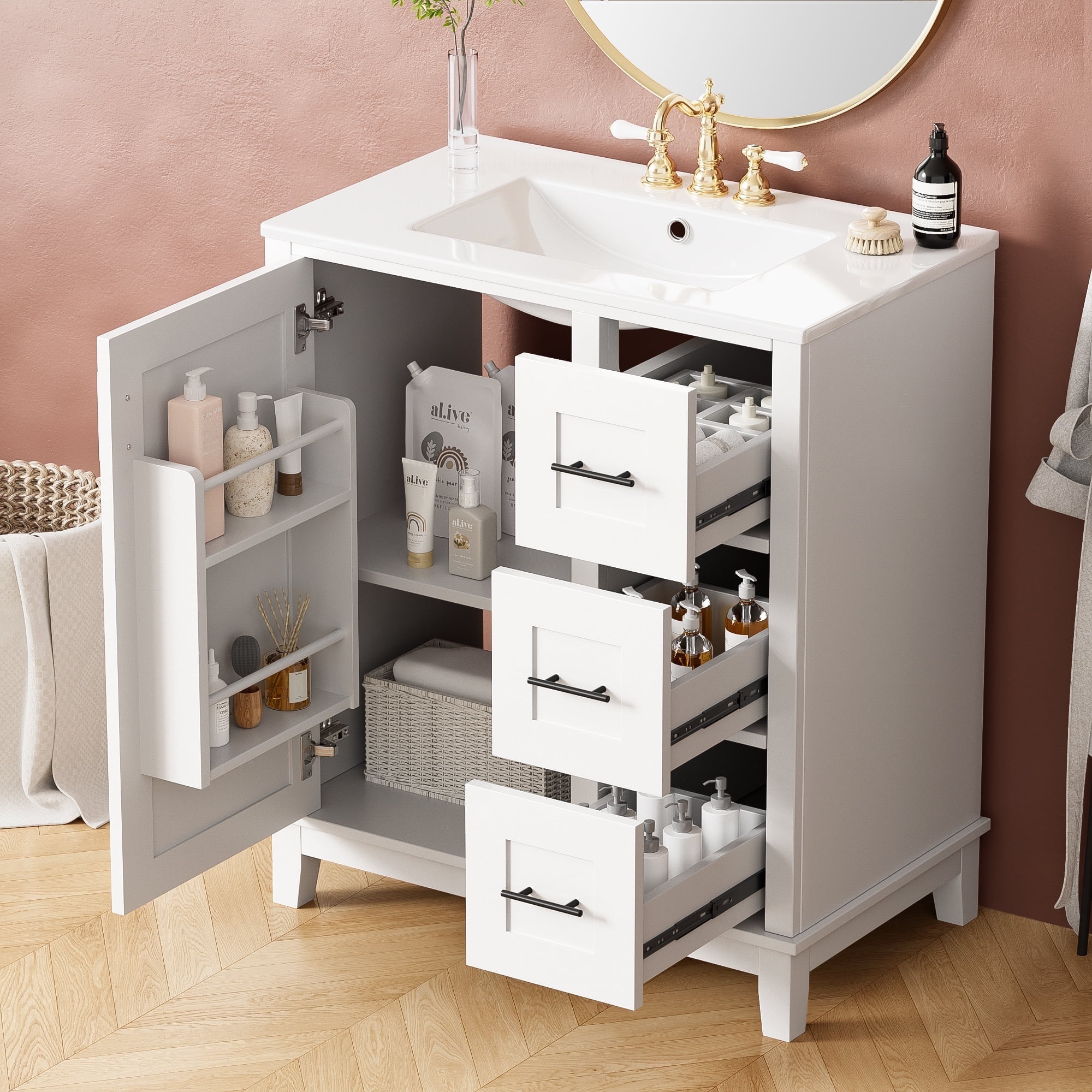 viswild 30" Bathroom Vanity with Ceramic Sink Rubberwood Frame MDF ...