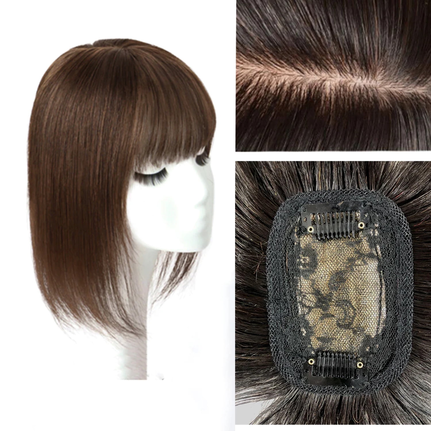 viviaBella Human Hair Topper - 2.7" x 3.9" Clip-In & Seamless Solution ...