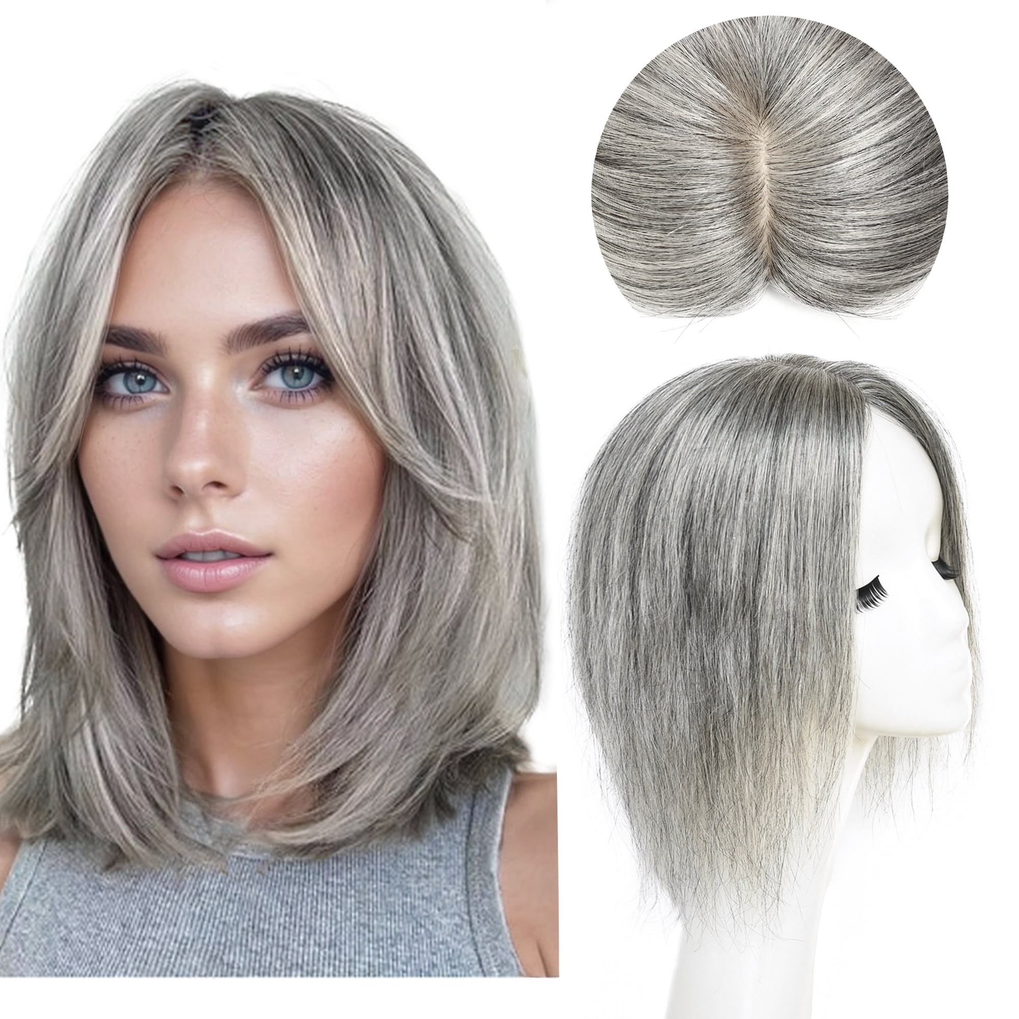 viviaBella Human Hair Topper - 5.1" x 5.1" Clip-In & Seamless Solution ...