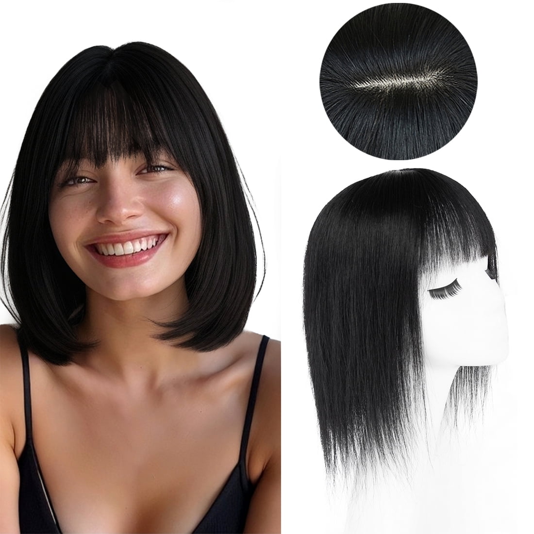 viviaBella Human Hair Topper with Bang - 5.1" x 5.1" Clip-In & Seamless ...