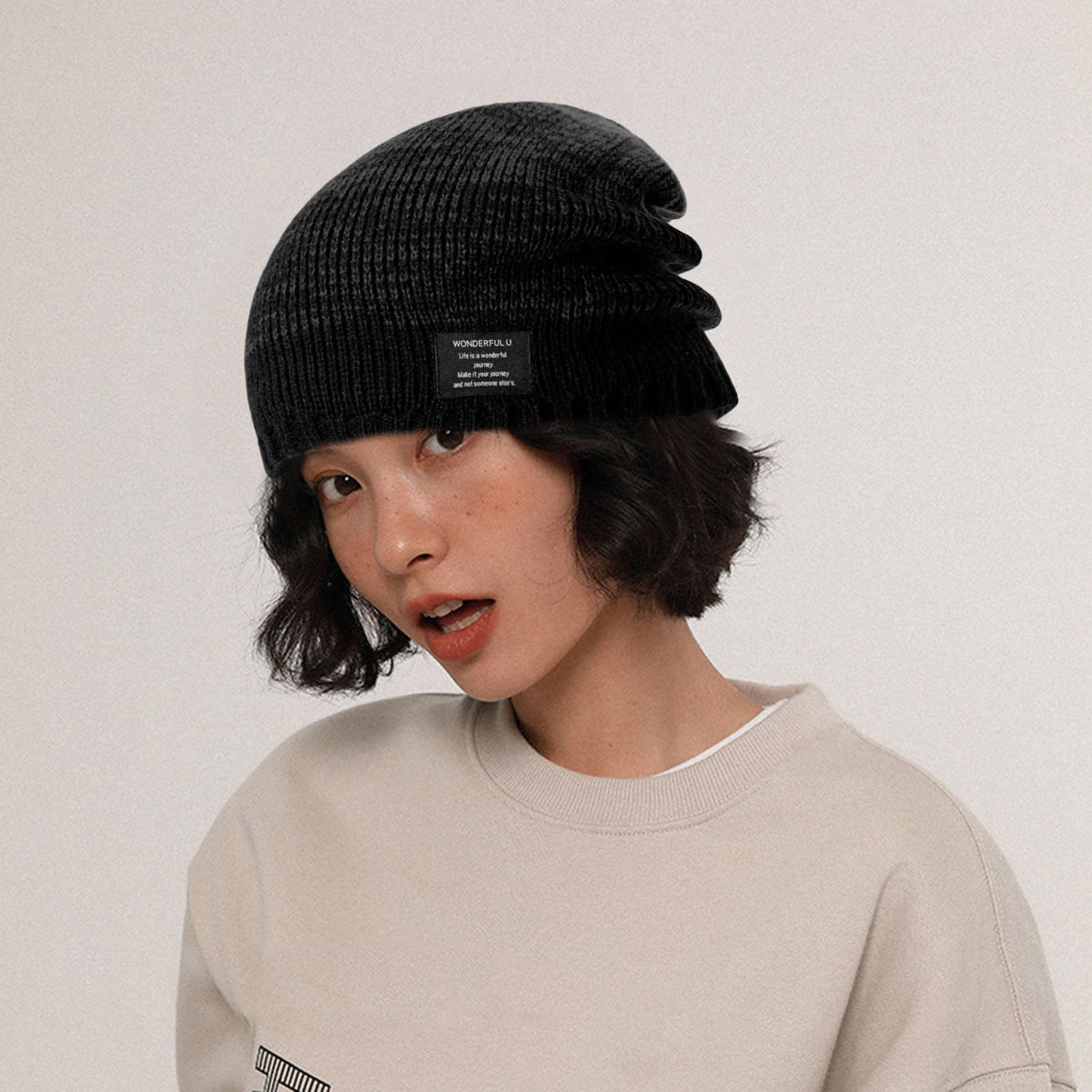 vnanda Fleece Lining Knitted Hat Autumn Winter Unisex Color Block ...