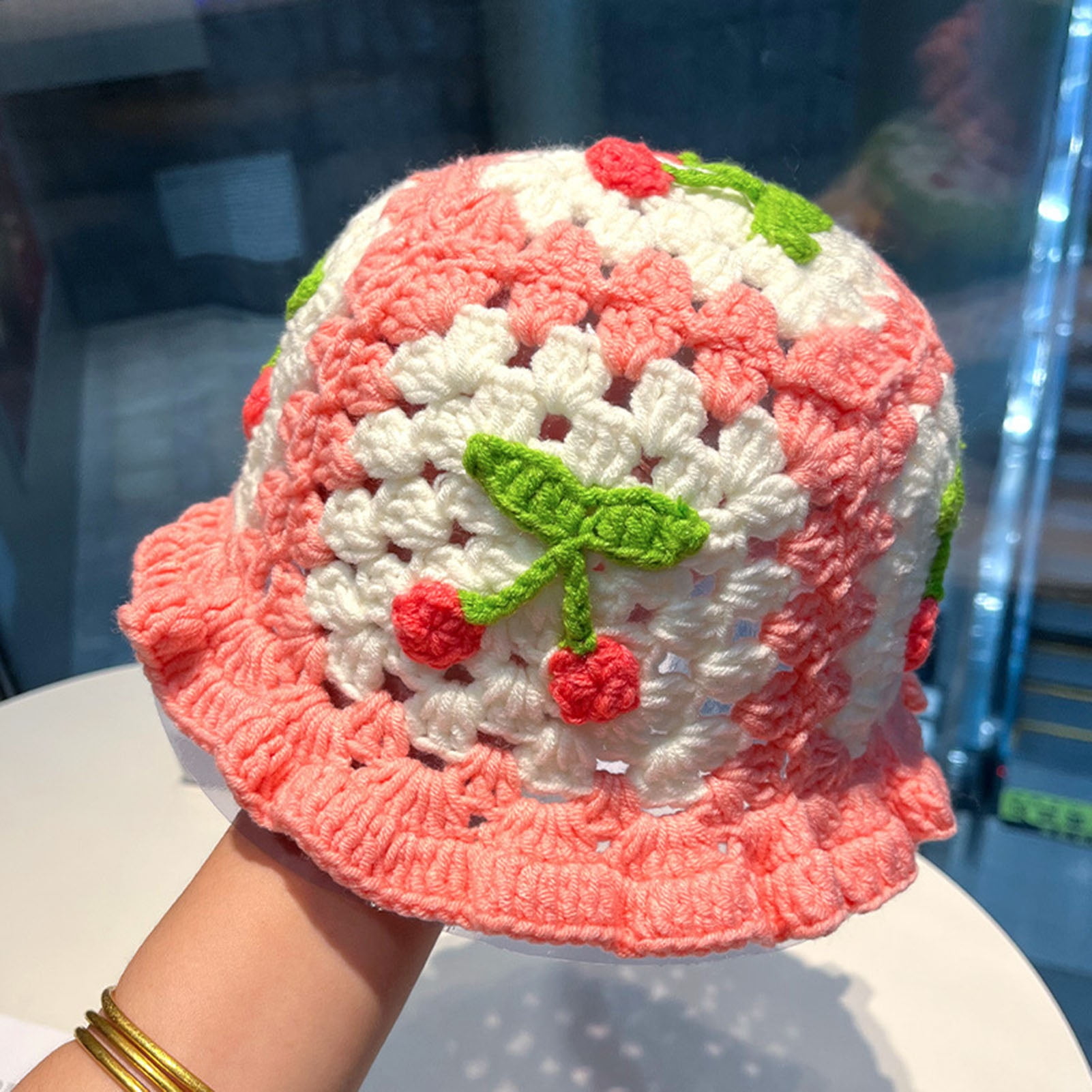 vnanda Traveling Bucket Hat Stylish Cherry Crochet Bucket Hat for Women ...