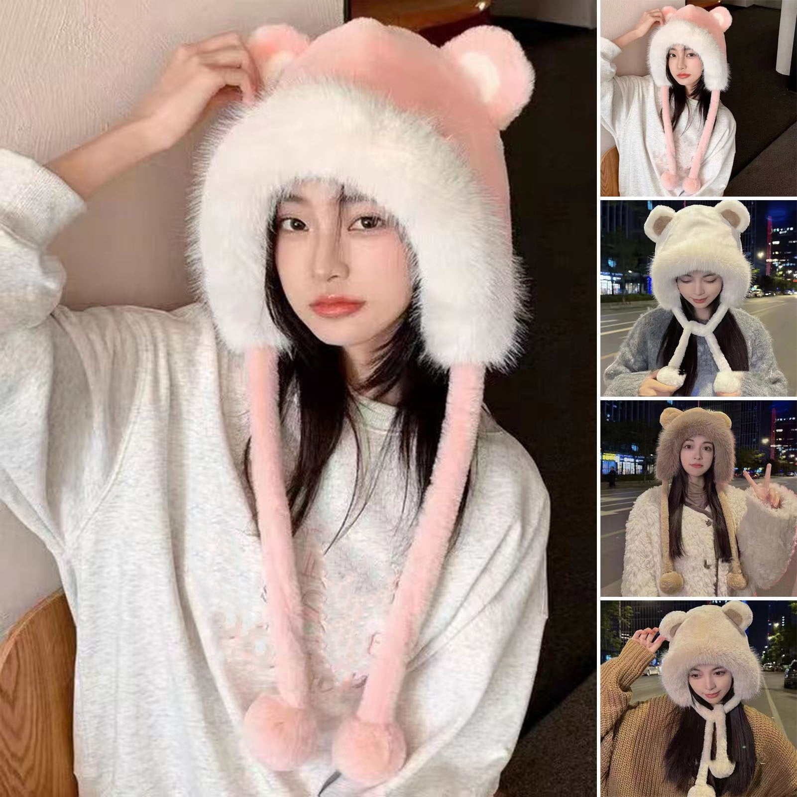 vnanda Women Winter Fuzzy Plush Earflap Hat Cute Cartoon Bear Ears ...