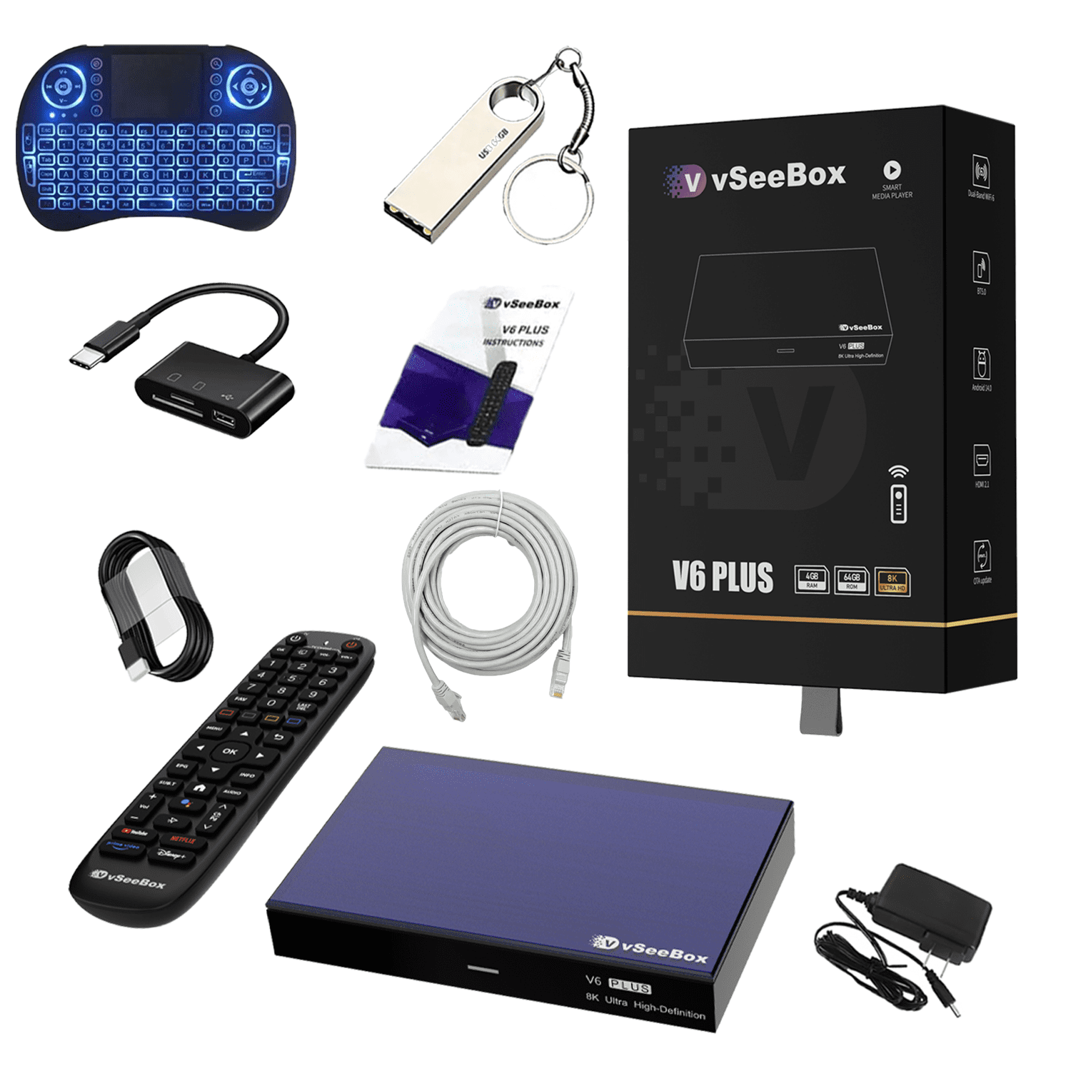 vseebox v6 plus remote, 8K Android 14 TV Box, 4GB RAM 64GB Storage ...