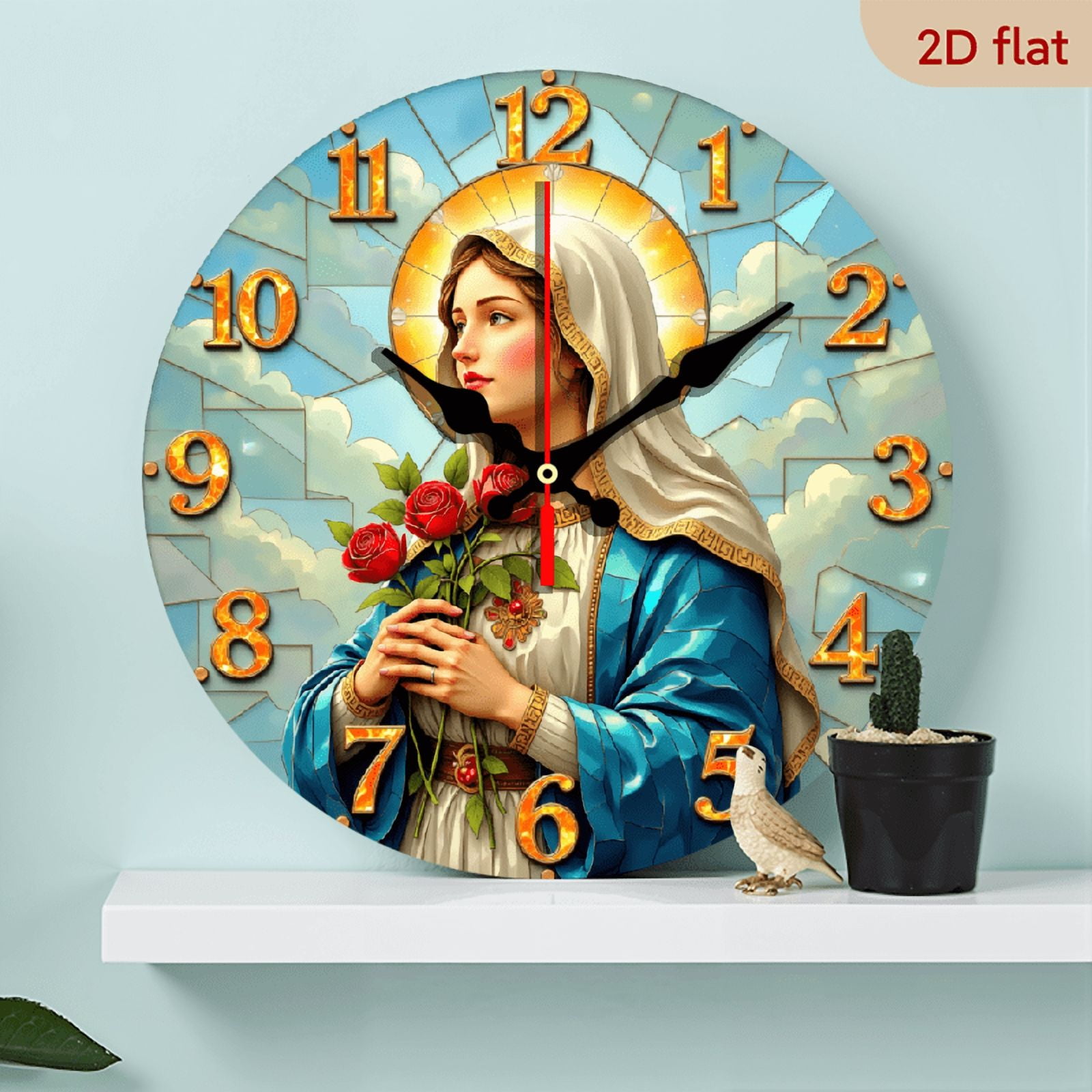 A wall-mounted clock with a design featuring the image of the Virgin ...