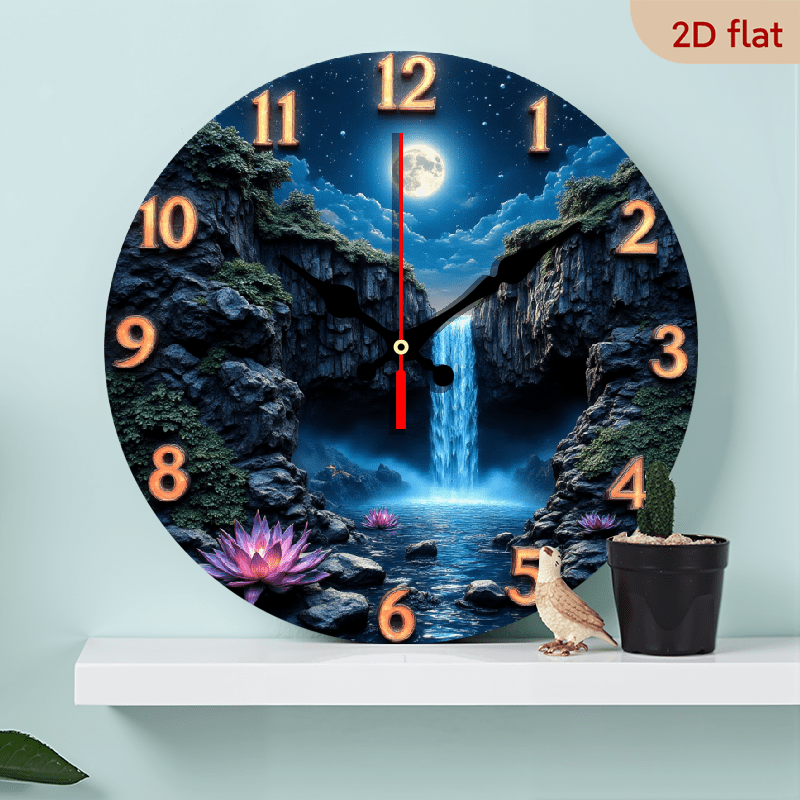 A wall-mounted clock, featuring a waterfall under the moonlight as its ...