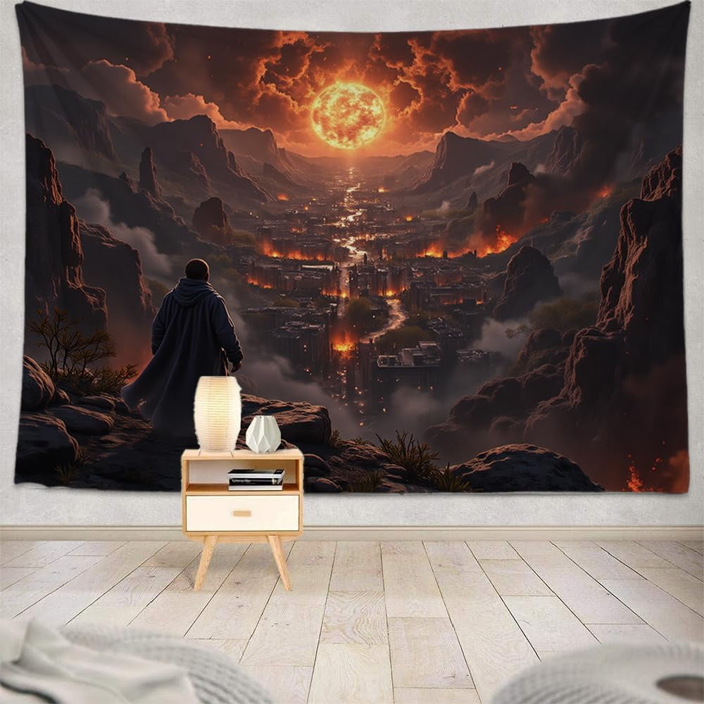 wall tapestry A lone figure gazes at a fiery city under a blood moon ...