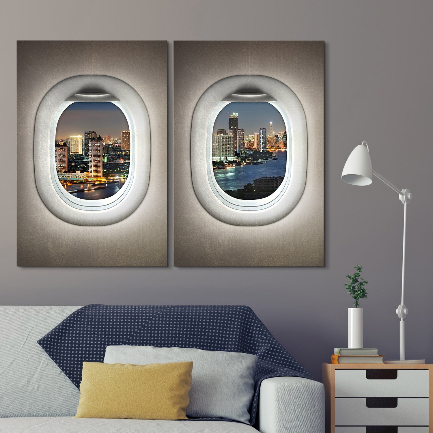 wall26 - 2 Panel Canvas Wall Art - City Scape at Dawn Window View ...