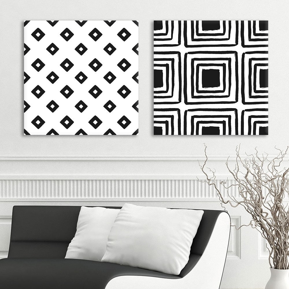 wall26 2 Panel Square Canvas Wall Art - Black and White Square Patterns ...