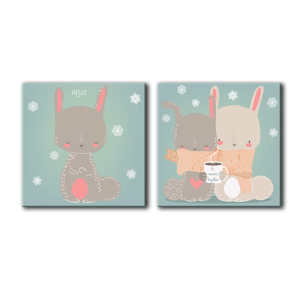 wall26 - 2 Panel Square Canvas Wall Art - Cute Cartoon Rabbits - Giclee ...