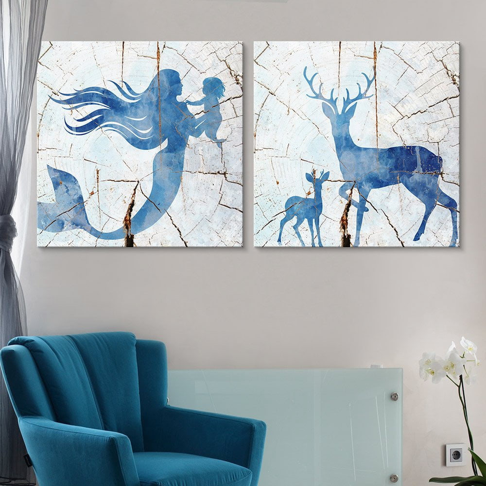 wall26 - 2 Panel Square Canvas Wall Art - Mermaid Deer Wood Effect ...