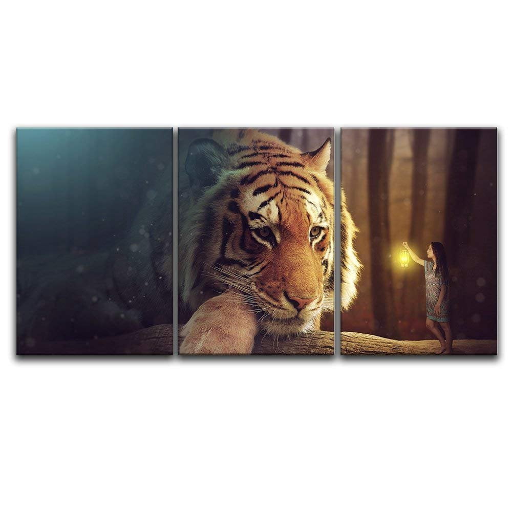 wall26 - 3 Panel Canvas Wall Art - Dreamlike Giant Tiger Head and a ...