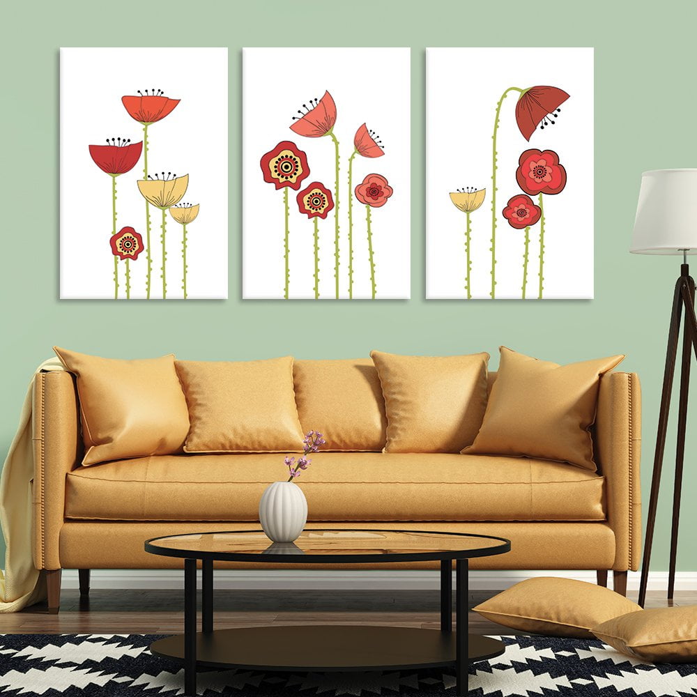 wall26-3 Panel Canvas Wall Art - Hand Drawing Style Colorful Poppy ...