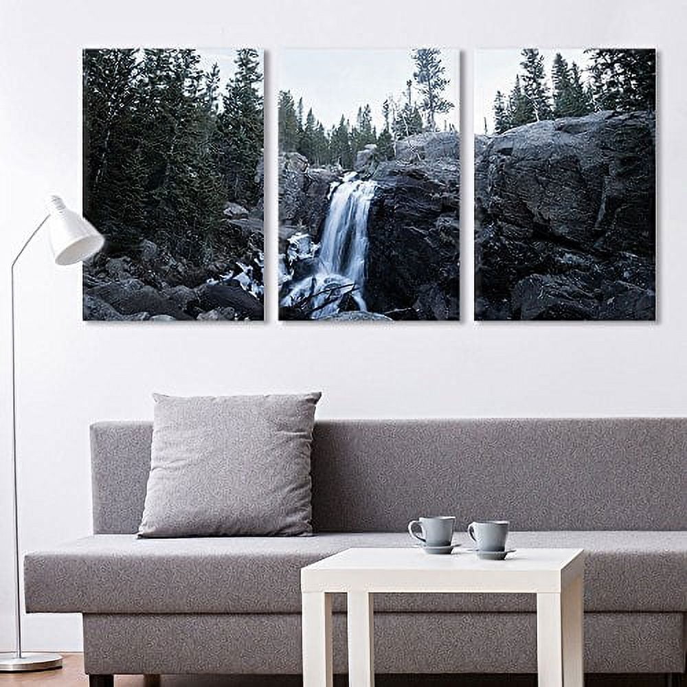 wall26 3 Panel Canvas Wall Art - Landscape Waterfall in Rocky Mountain ...