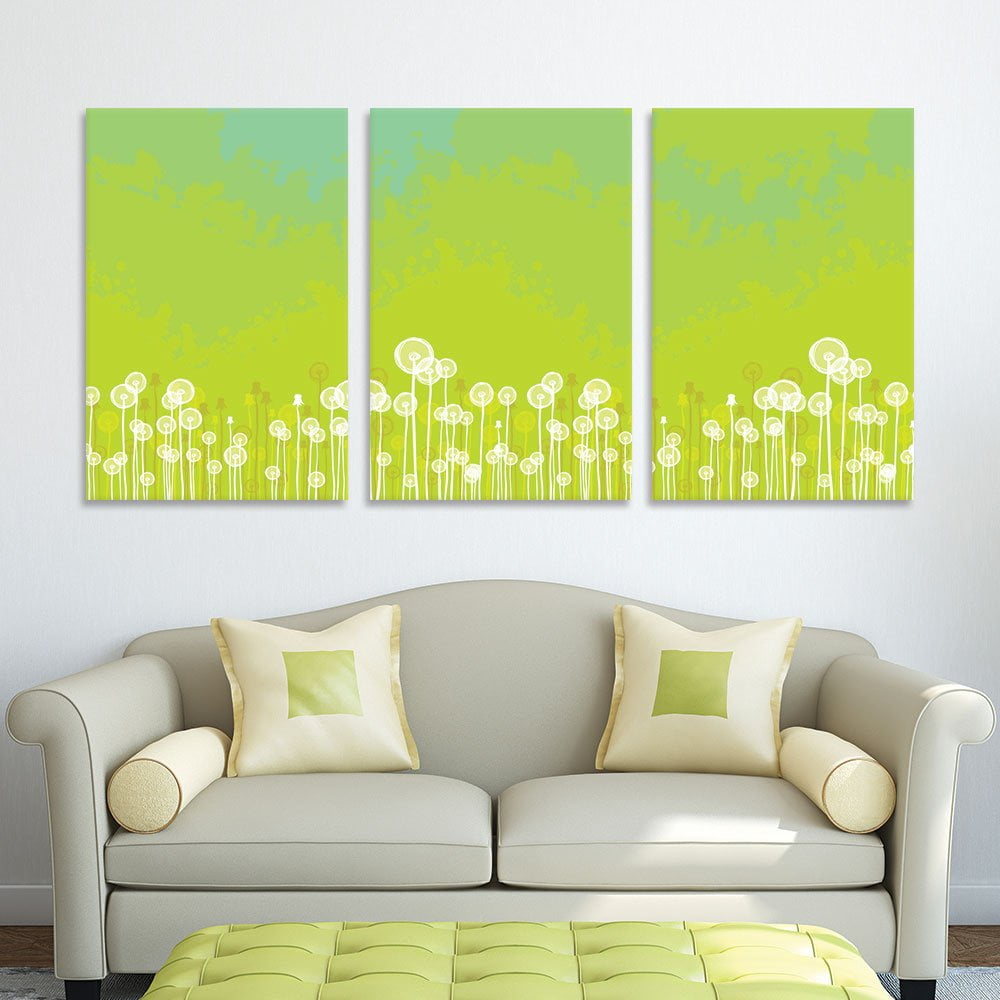 wall26-3 Panel Canvas Wall Art - White Dandelions on Green Background ...