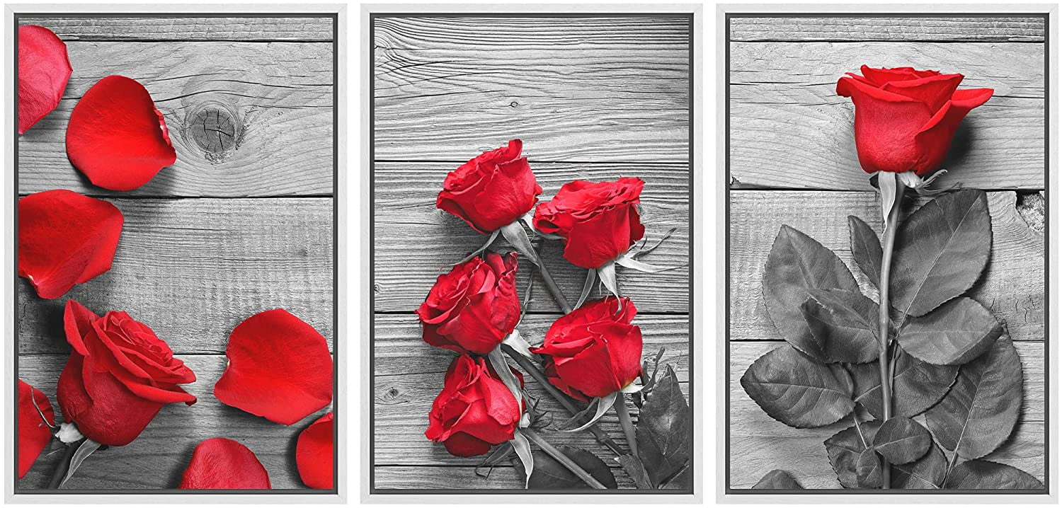 wall26 3 Panel Framed Canvas Wall Art - Black and White Roses with ...