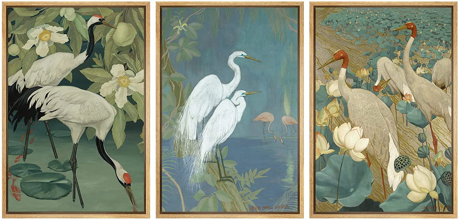 wall26 - 3 Panel Framed Canvas Wall Art - Cranes Wading in Water Framed ...