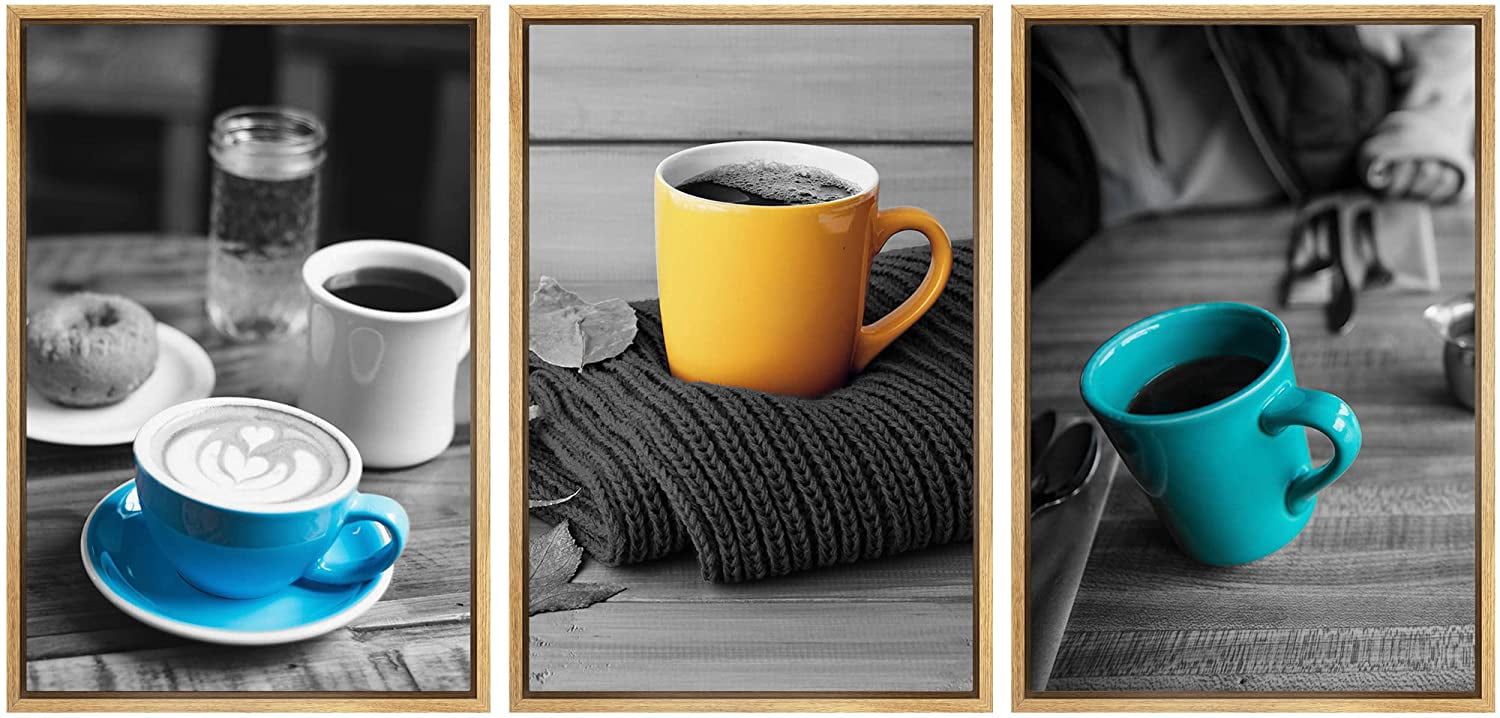 wall26 3 Panel Framed Canvas Wall Art - Partial Color Cups on Black and ...