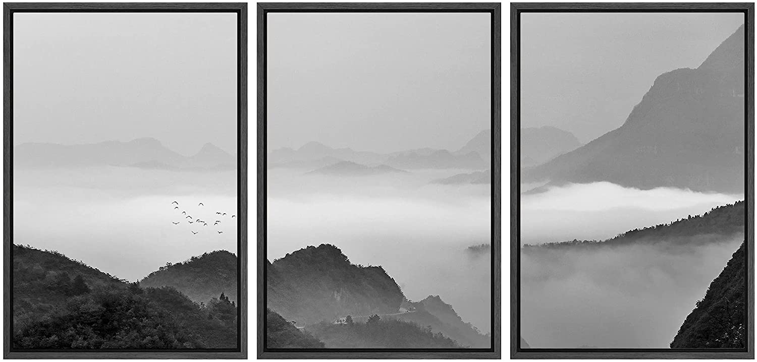 wall26 3 Panel Framed Canvass Wall Art - Landscape of Mountains in The Mist in Black and White ...