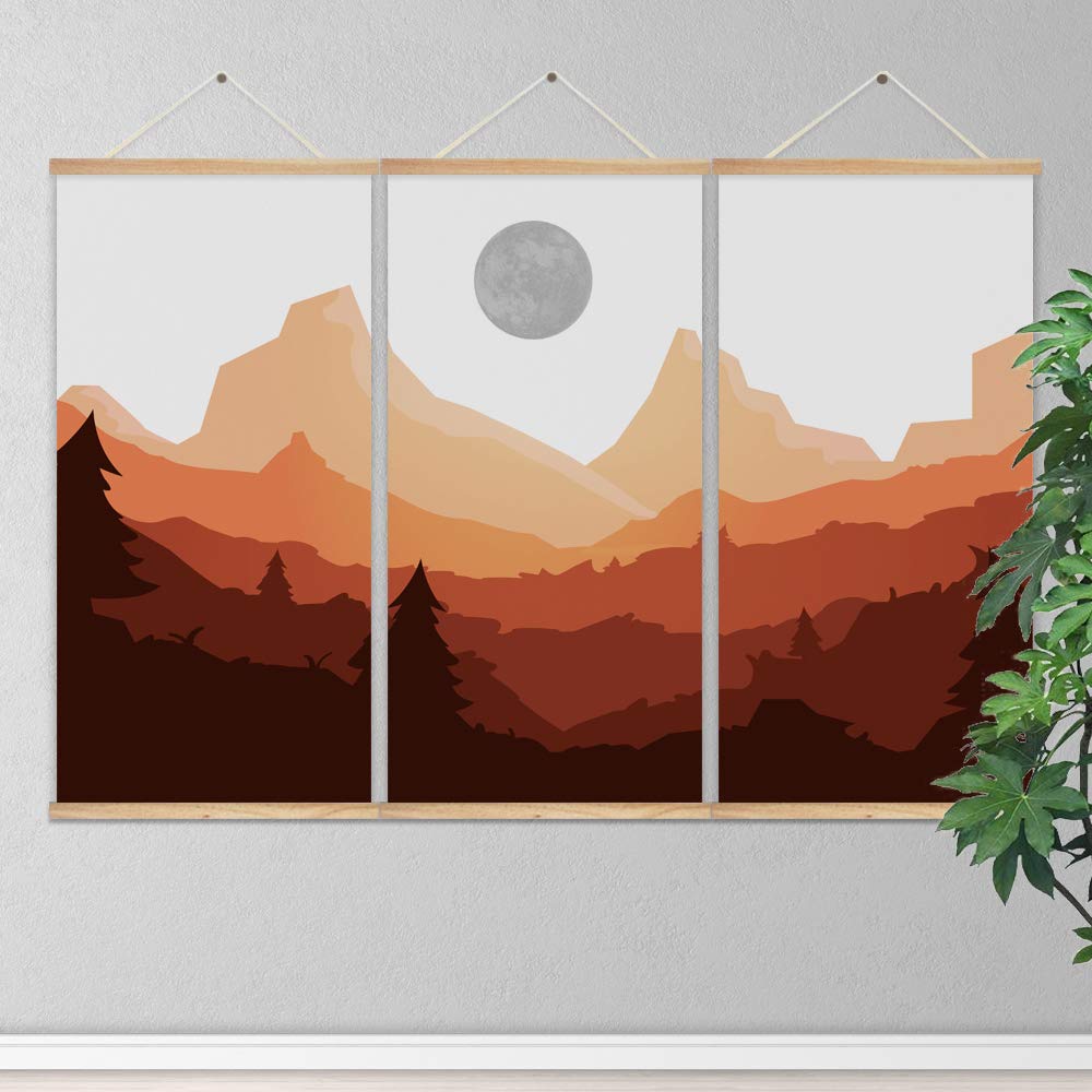 wall26 3 Panel Hanging Poster Wooden Framed Sun and Mountain Home Wall ...