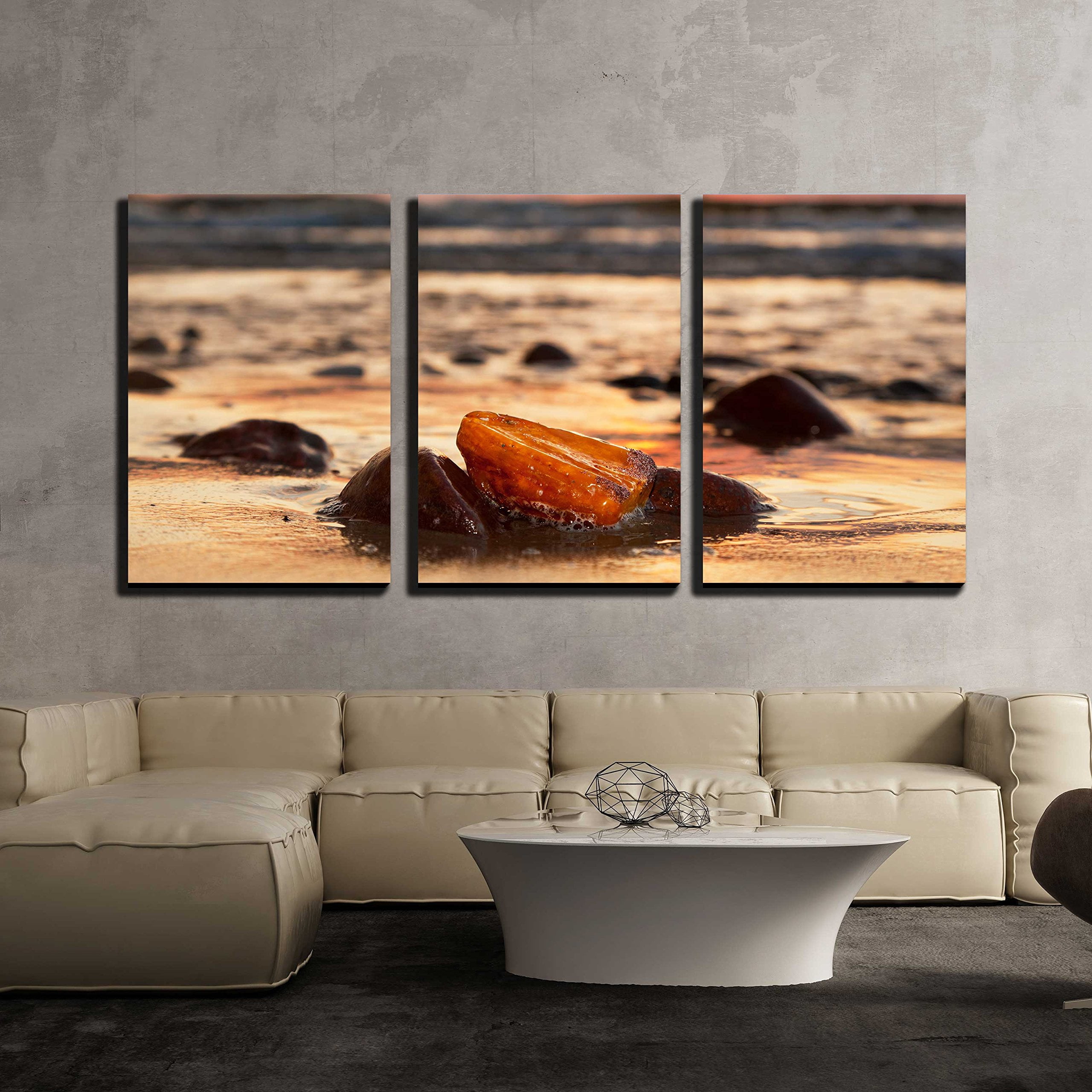 wall26 - 3 Piece Canvas Wall Art - Amber Stone on The Beach at Sunset ...