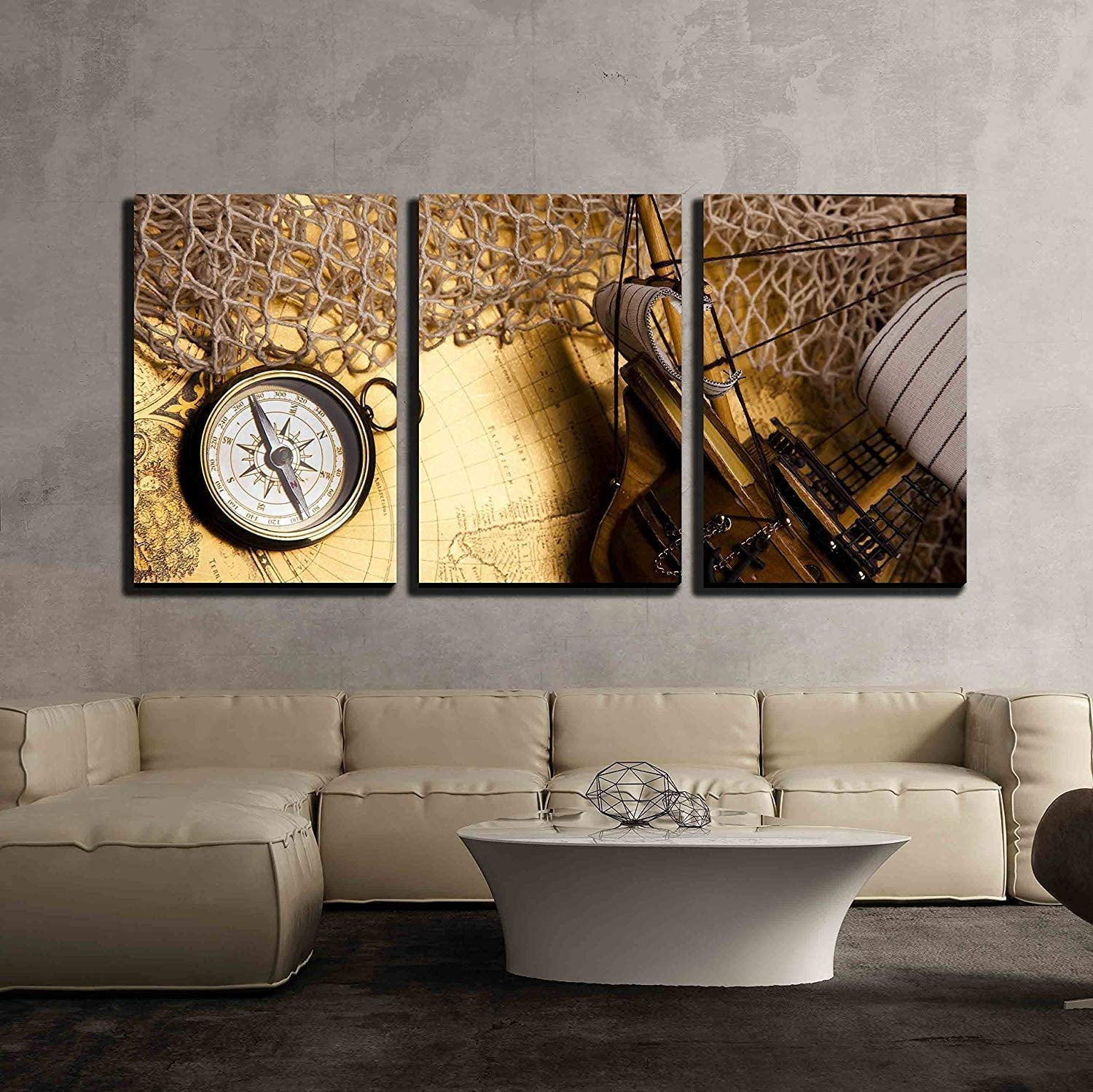 wall26 - 3 Piece Canvas Wall Art - Antique Brass Compass Over Old Map - Modern Home Art ...