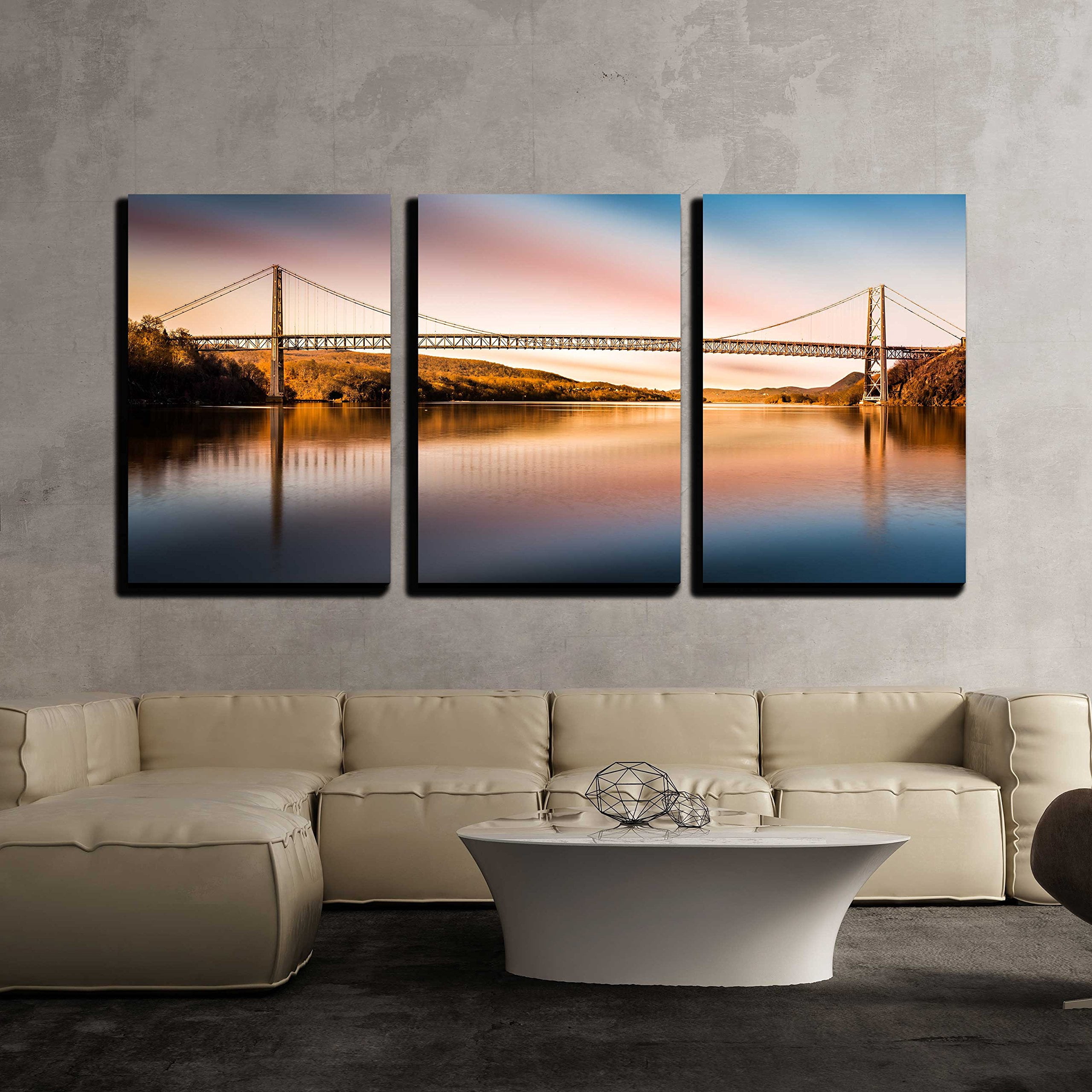 wall26 - 3 Piece Canvas Wall Art - Bear Mountain Bridge After Sunset ...