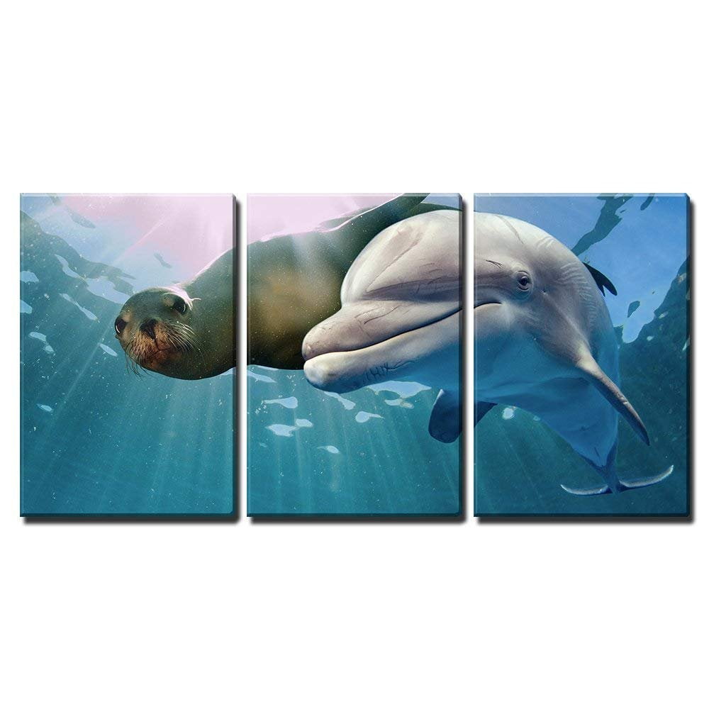 wall26 - 3 Piece Canvas Wall Art - Dolphin and Sea Lion Underwater on ...