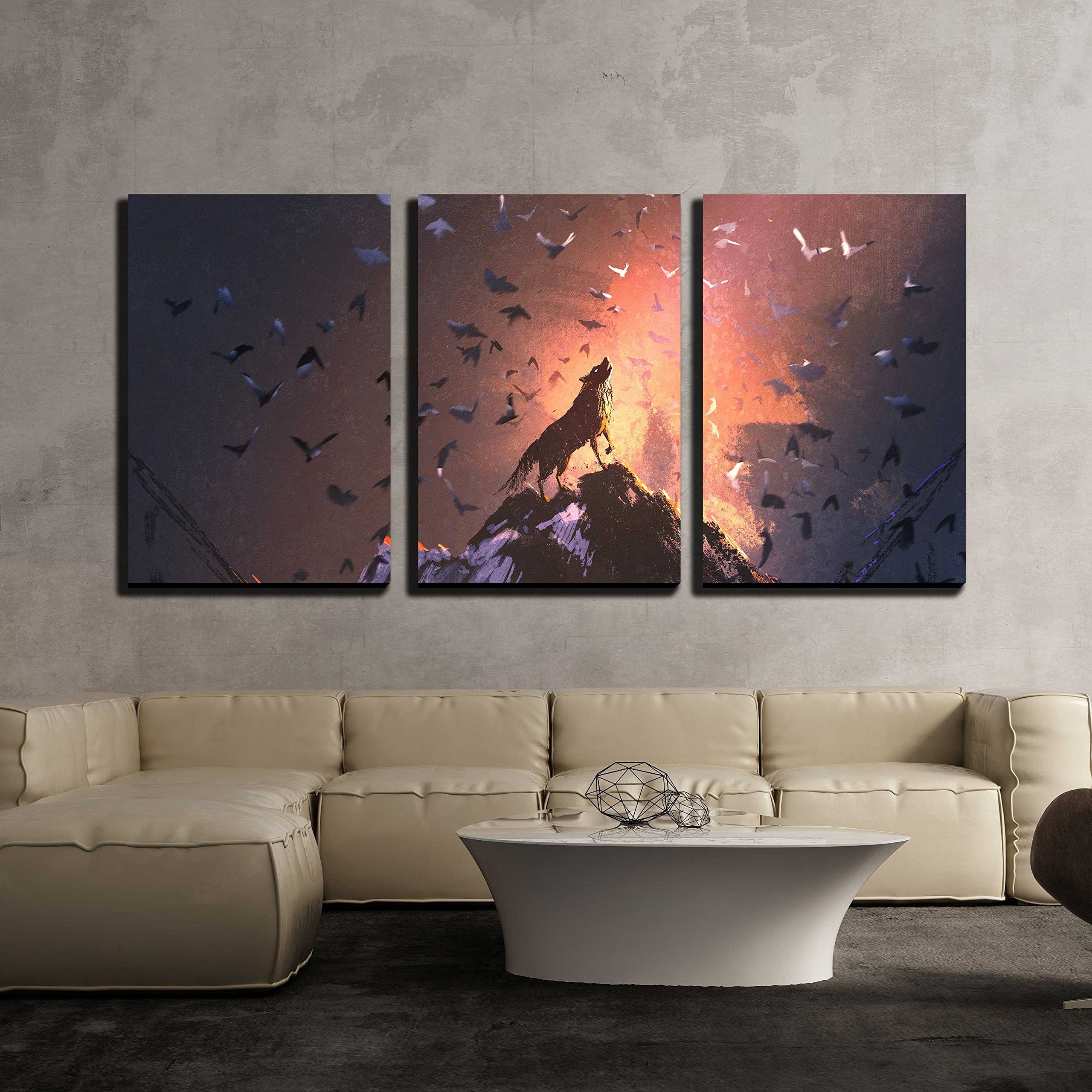 wall26 - 3 Piece Canvas Wall Art - Howling Wolf on Rock with Bird ...