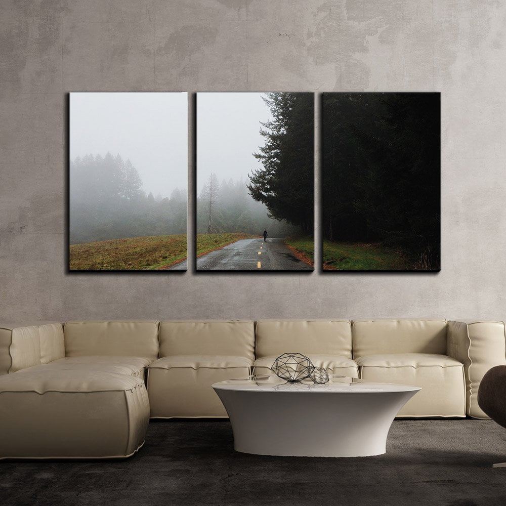 wall26 - 3 Piece Canvas Wall Art - a Man Walking on The Road in Misty ...