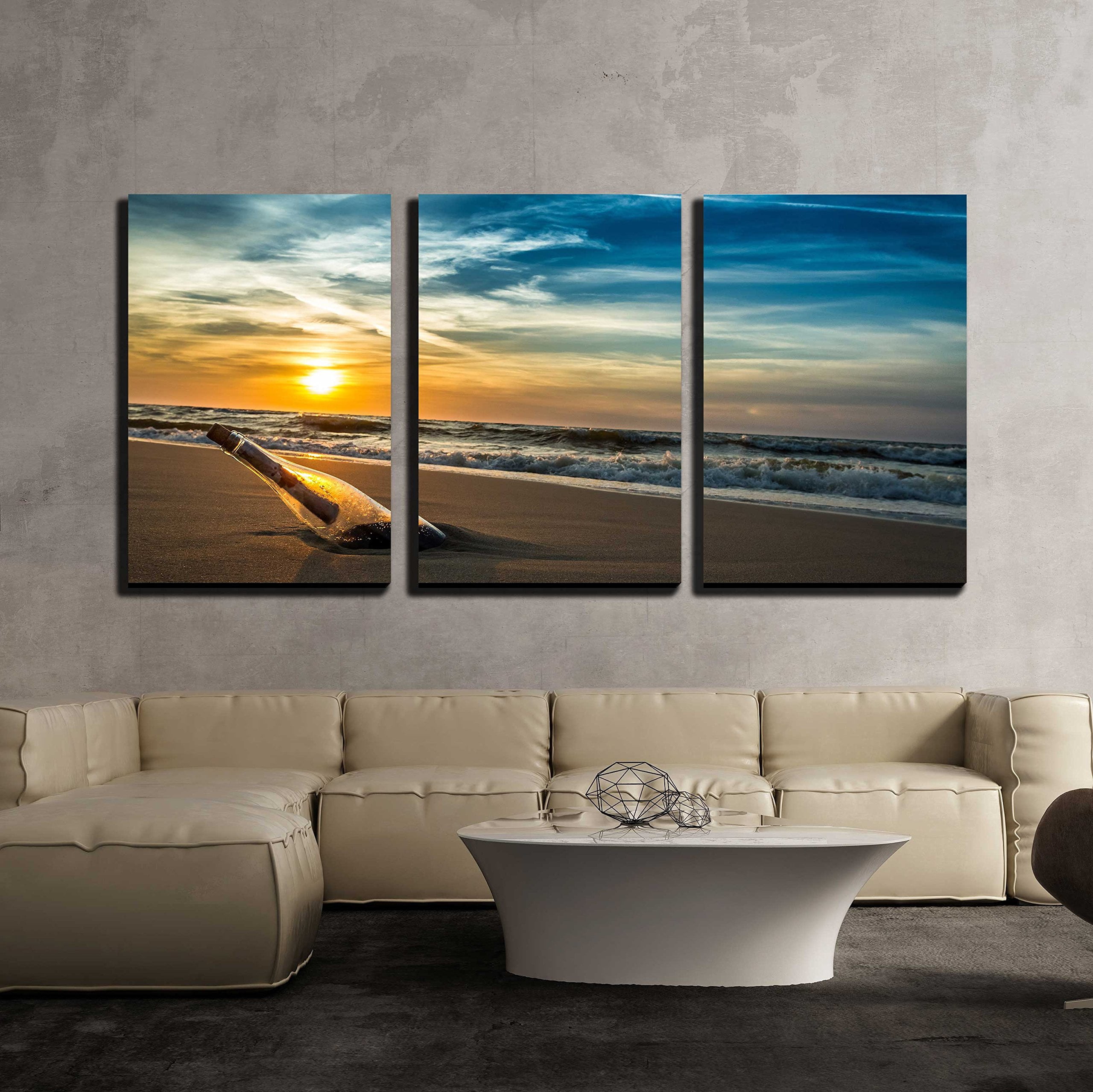 wall26 - 3 Piece Canvas Wall Art - Message in a Bottle on a Sea Shore ...