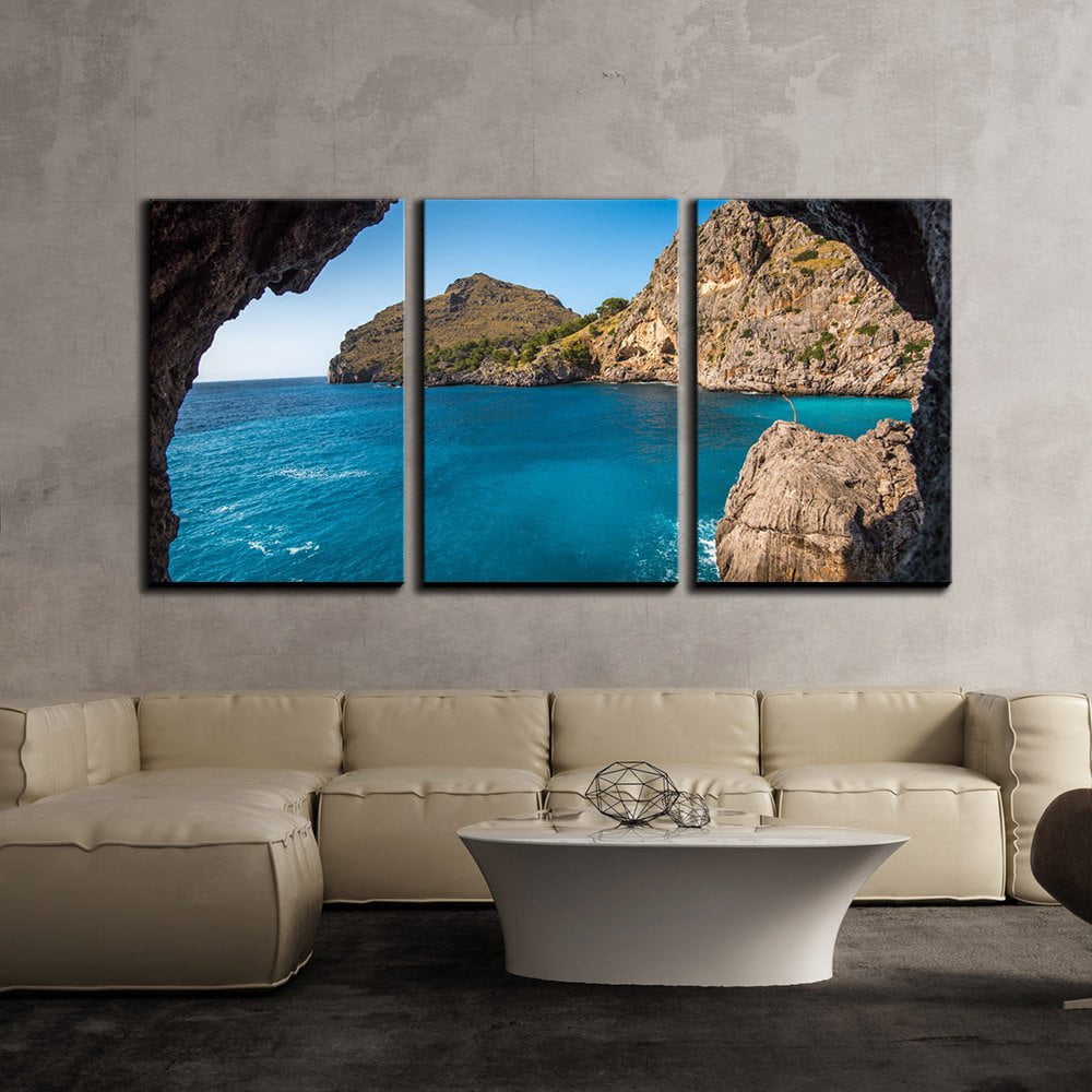 wall26 - 3 Piece Canvas Wall Art - Seashore in The View of Rock Cave ...
