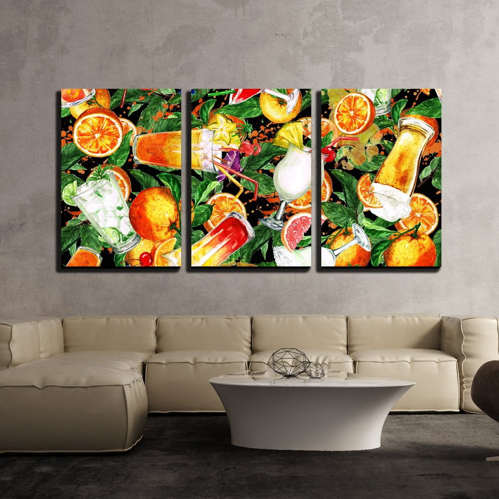 wall26 - 3 Piece Canvas Wall Art - Summer Cocktails.Watercolor Seamless ...