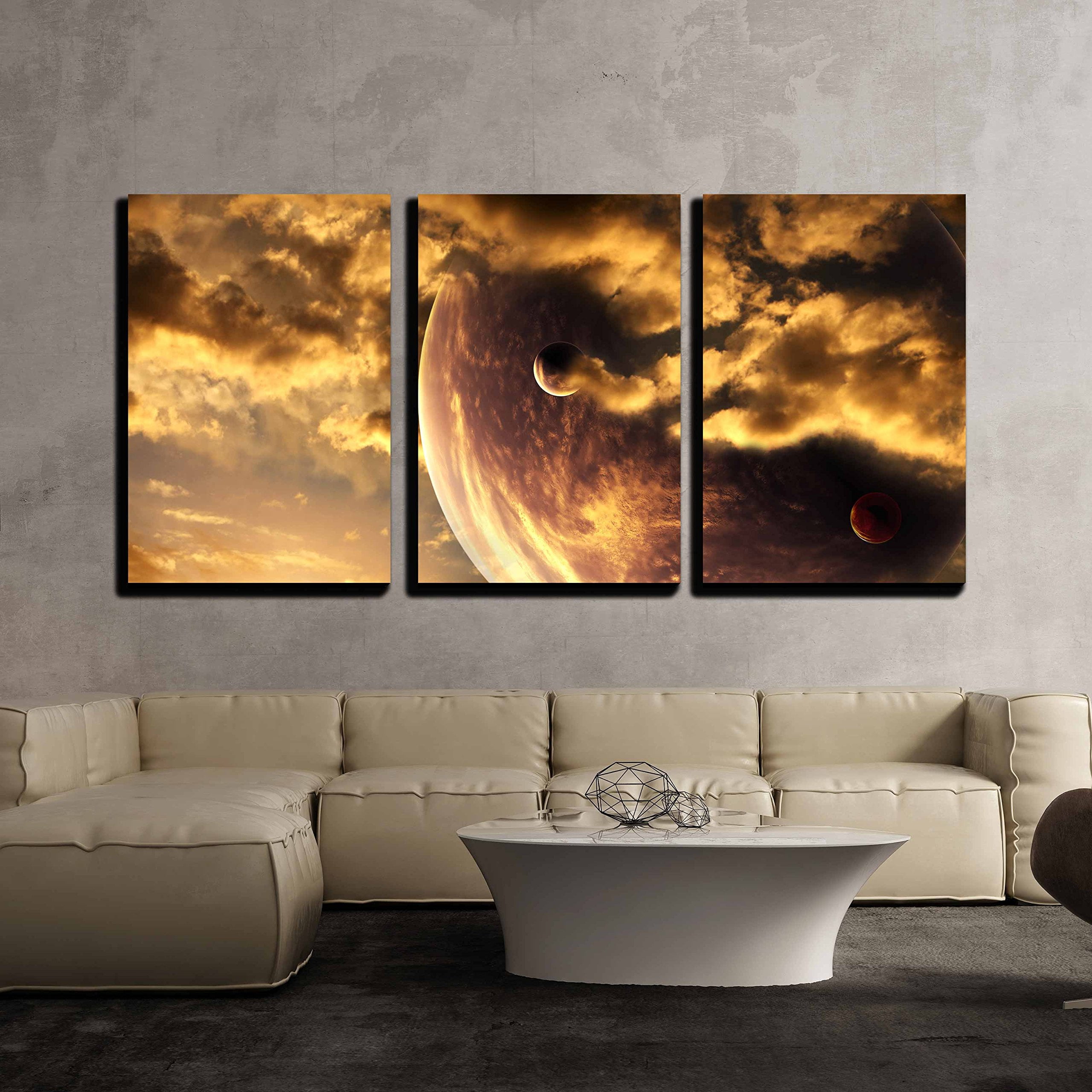 wall26 - 3 Piece Canvas Wall Art - Sunset in Storm Sky and Alien Planet ...