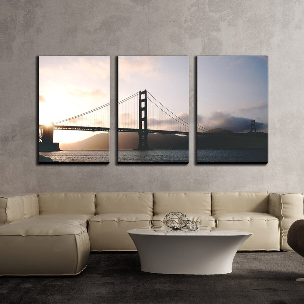 wall26 - 3 Piece Canvas Wall Art - Suspension Bridge at Dusk - Modern ...
