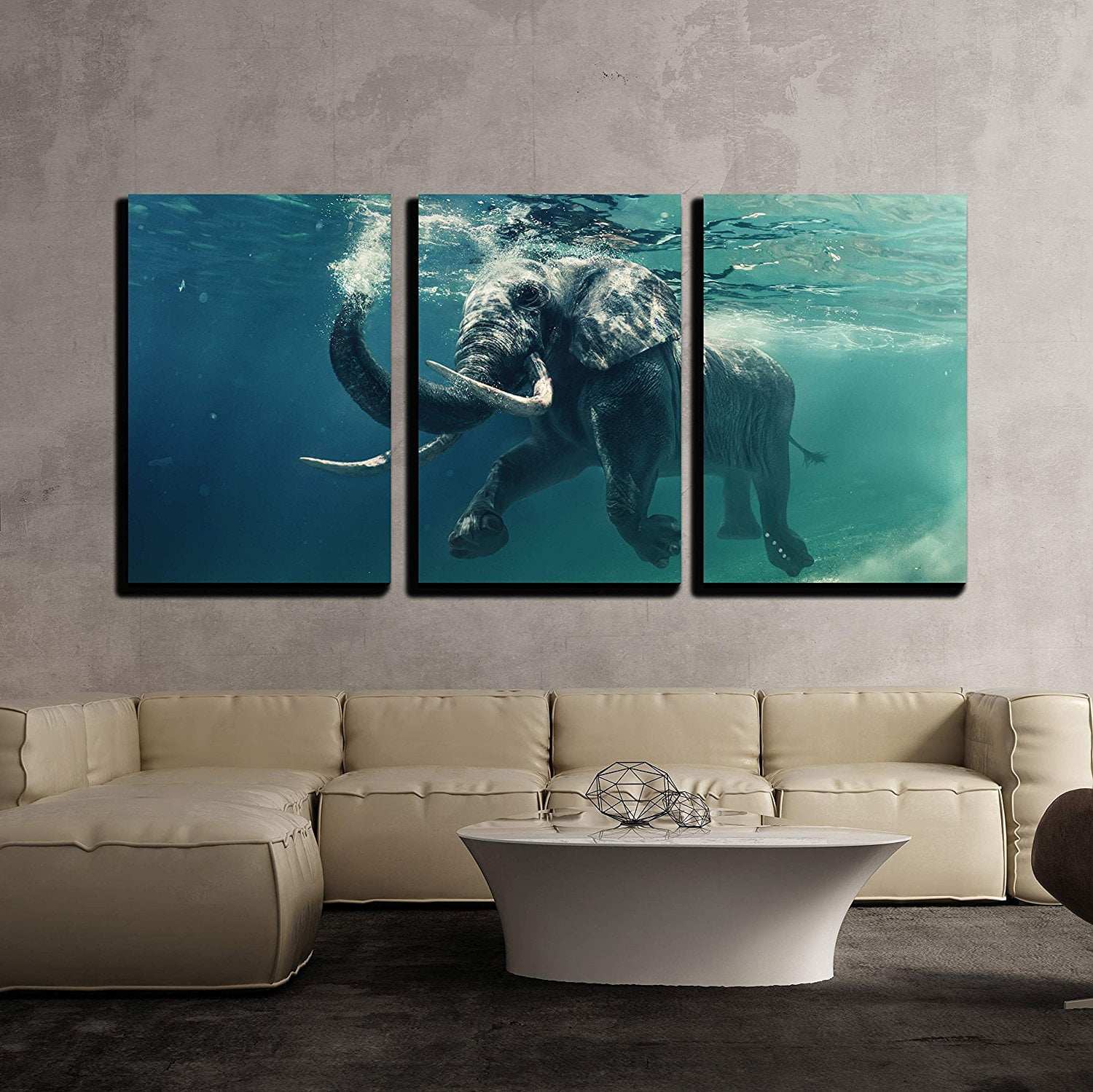 wall26 - 3 Piece Canvas Wall Art - Swimming Elephant Underwater ...